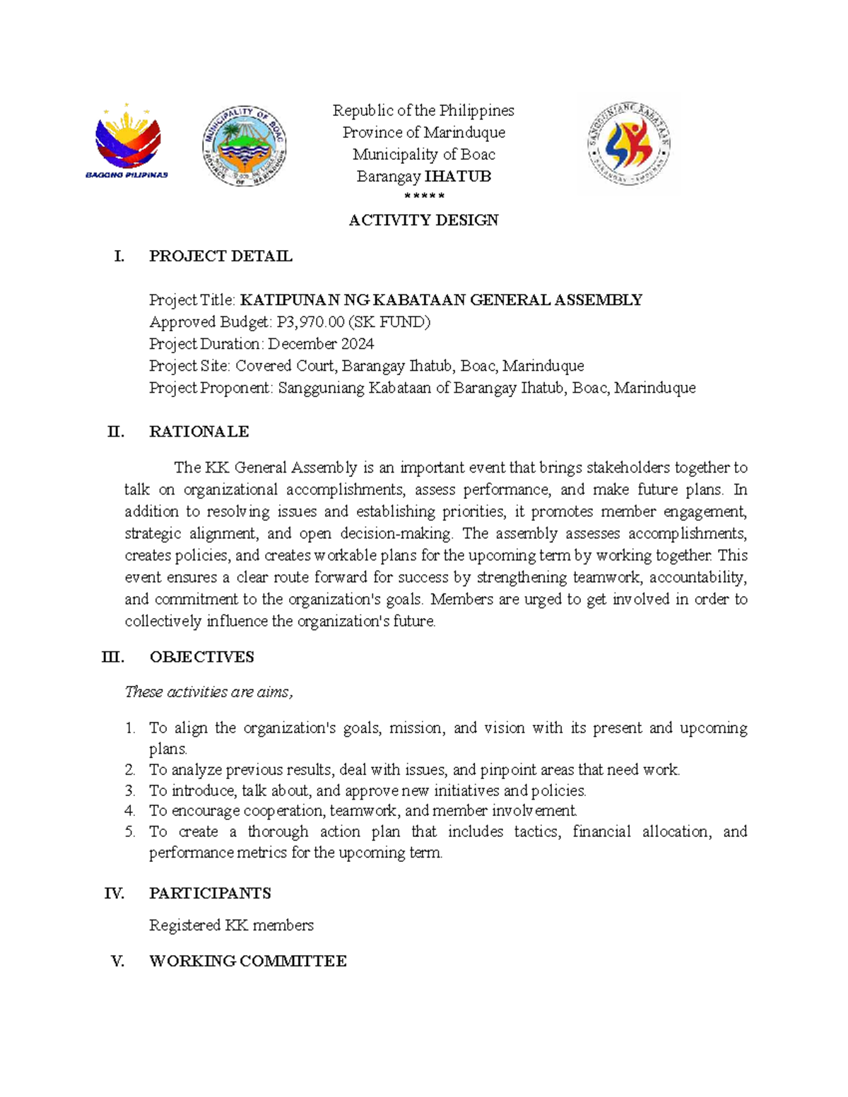 KK General Assembly Activity Design: Project Overview and Budget - Studocu