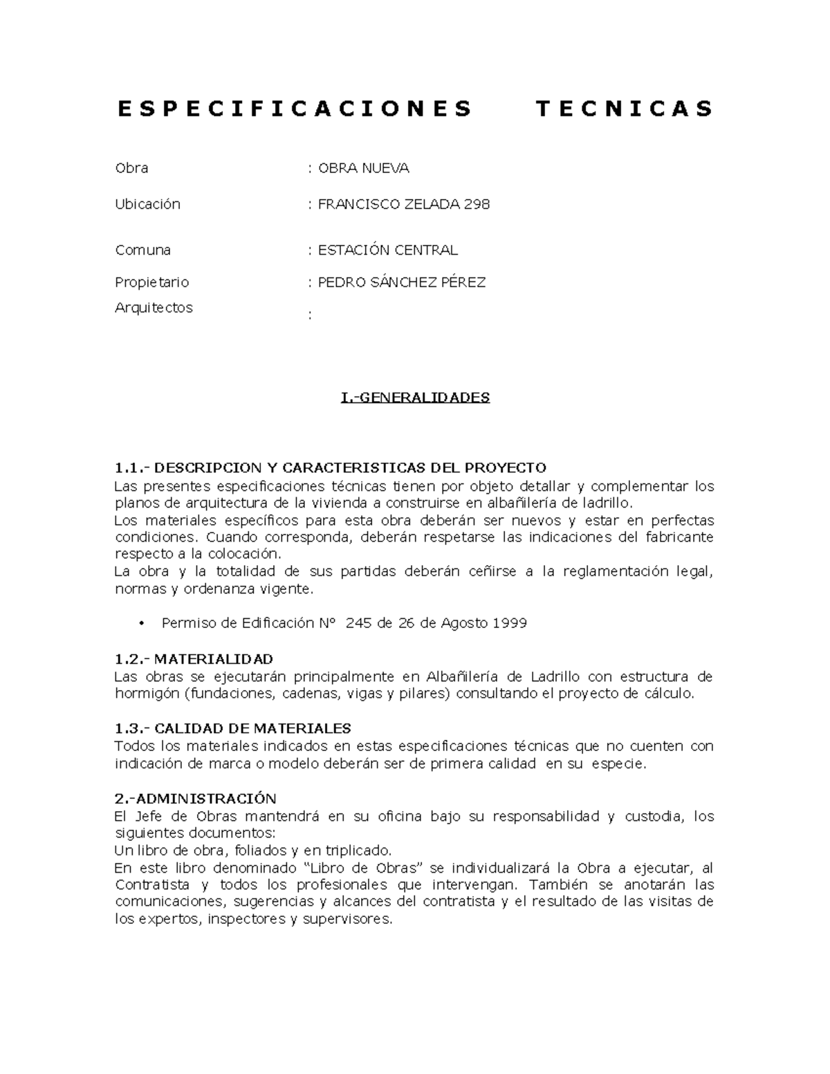 Especificaciones Técnicas Resumidas - Proyecto de Construcción - Studocu