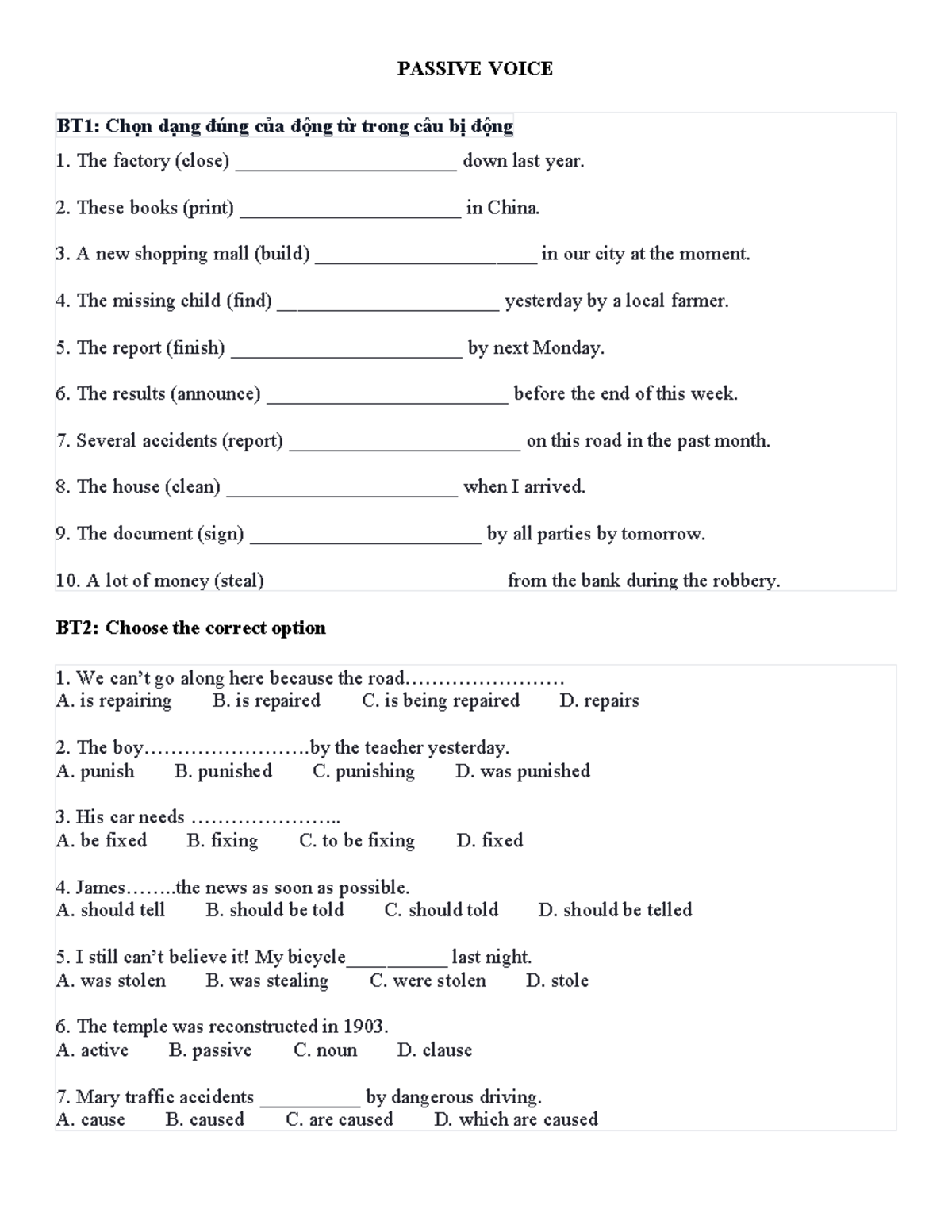 Passive Voice Exercises BT1-BT3: Correct Verb Forms and Usage - Studocu