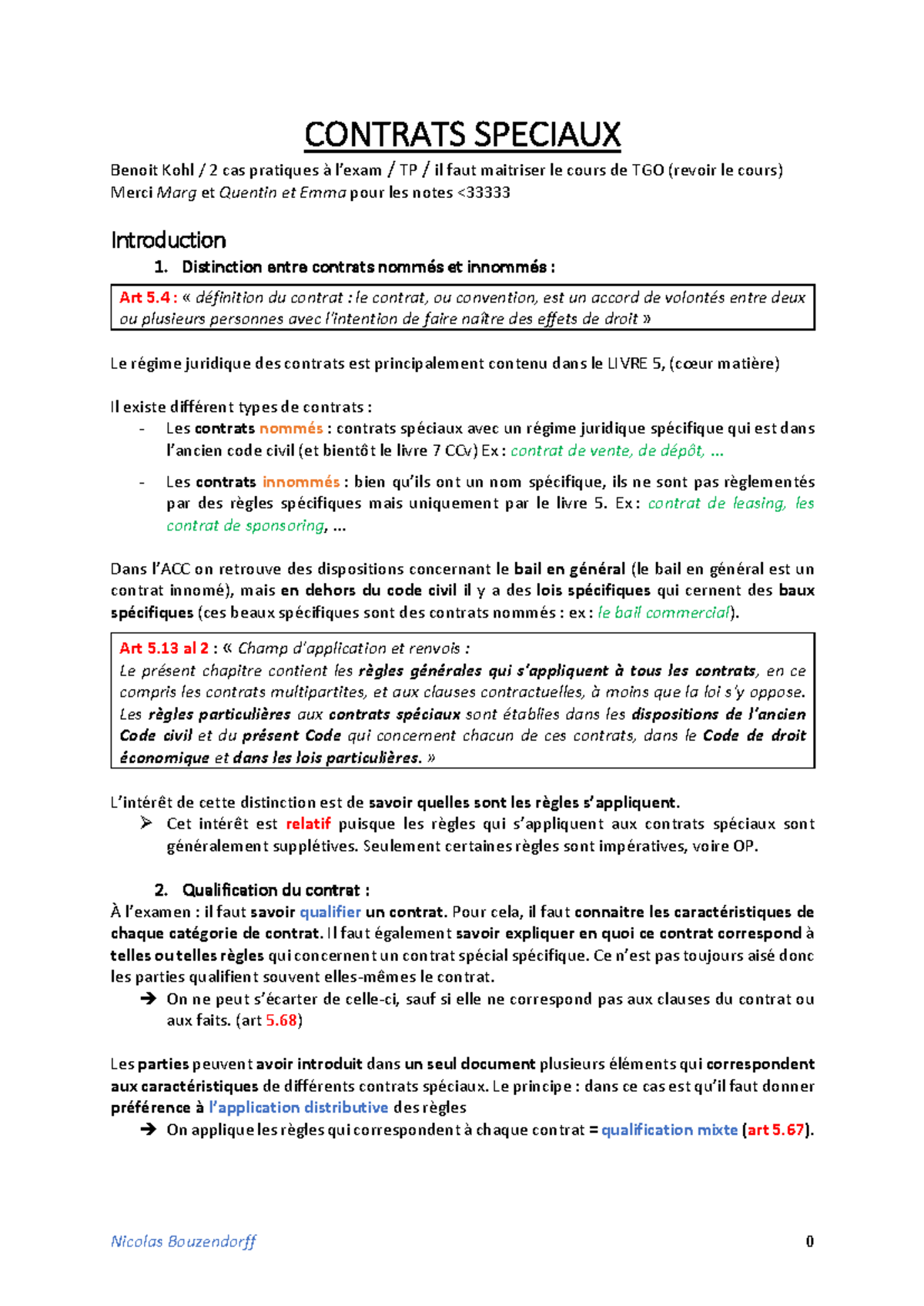 Contrats Spéciaux : Théorie et Cas Pratiques 2023 - Notes de Cours ...
