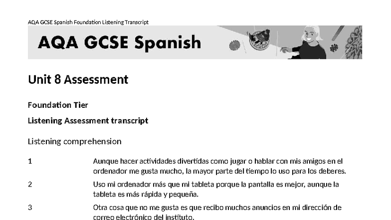 AQA GCSE Spanish Unit 8 Foundation Listening Transcript - Studocu