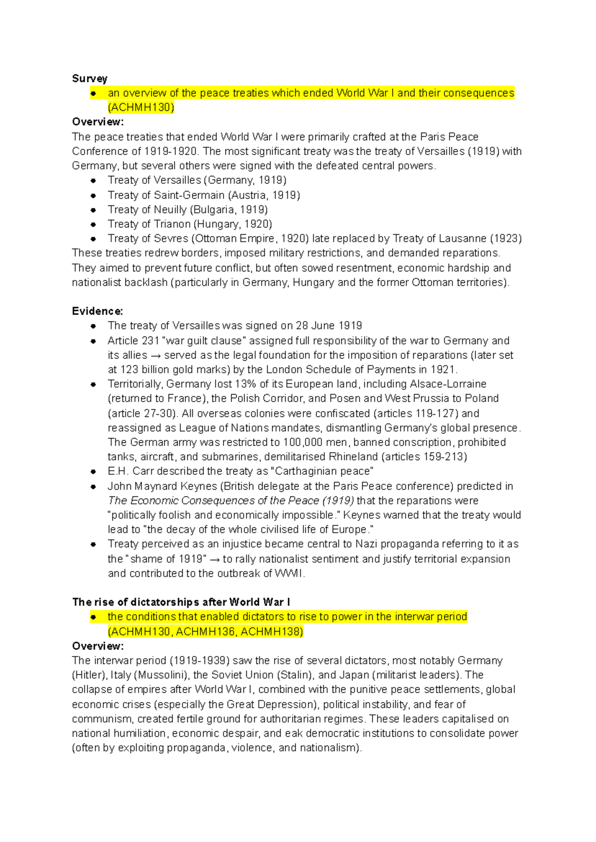 Peace Treaties and Dictatorships Post WWI: An Overview (ACHMH130) - Studocu