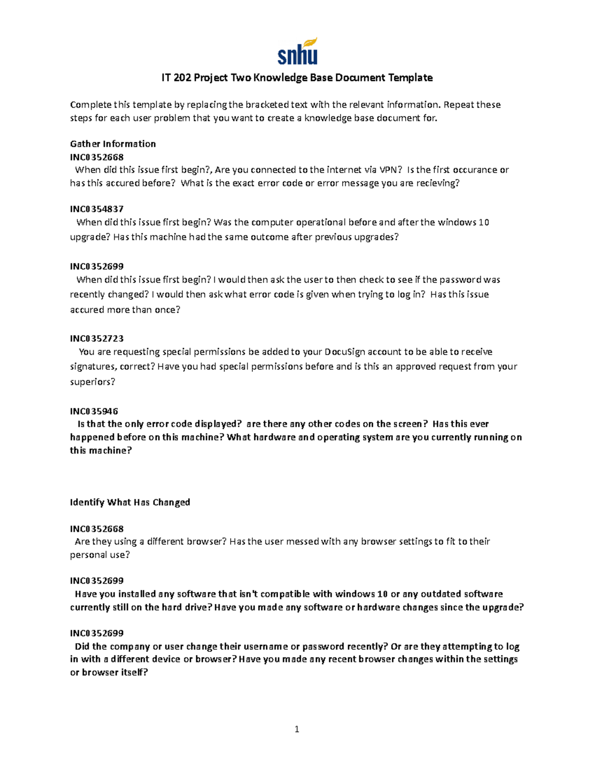 IT 202 Project Two Knowledge Base Document Template Guide - Studocu