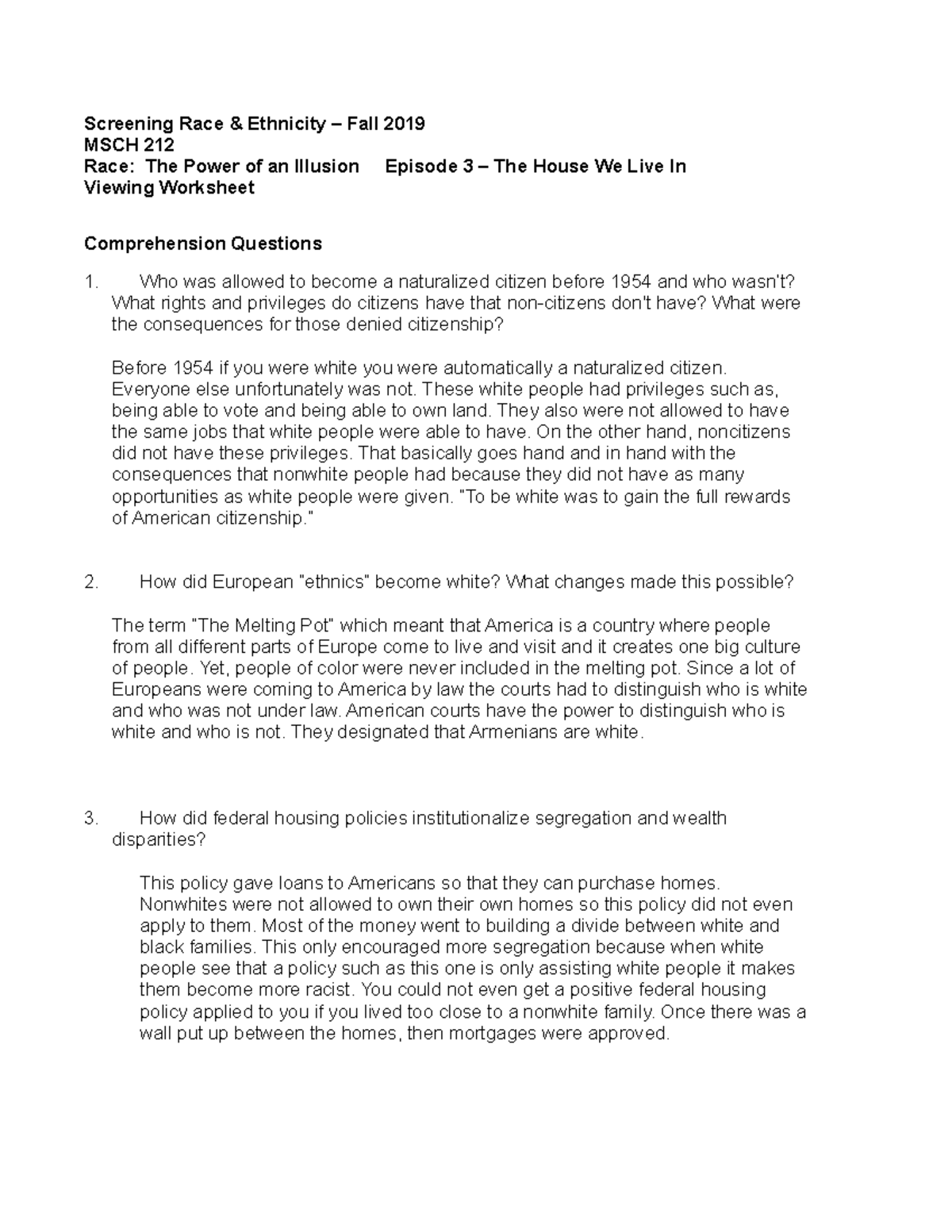 MSCH 212 Viewing Worksheet: Race - The Power of an Illusion Episode 3 ...