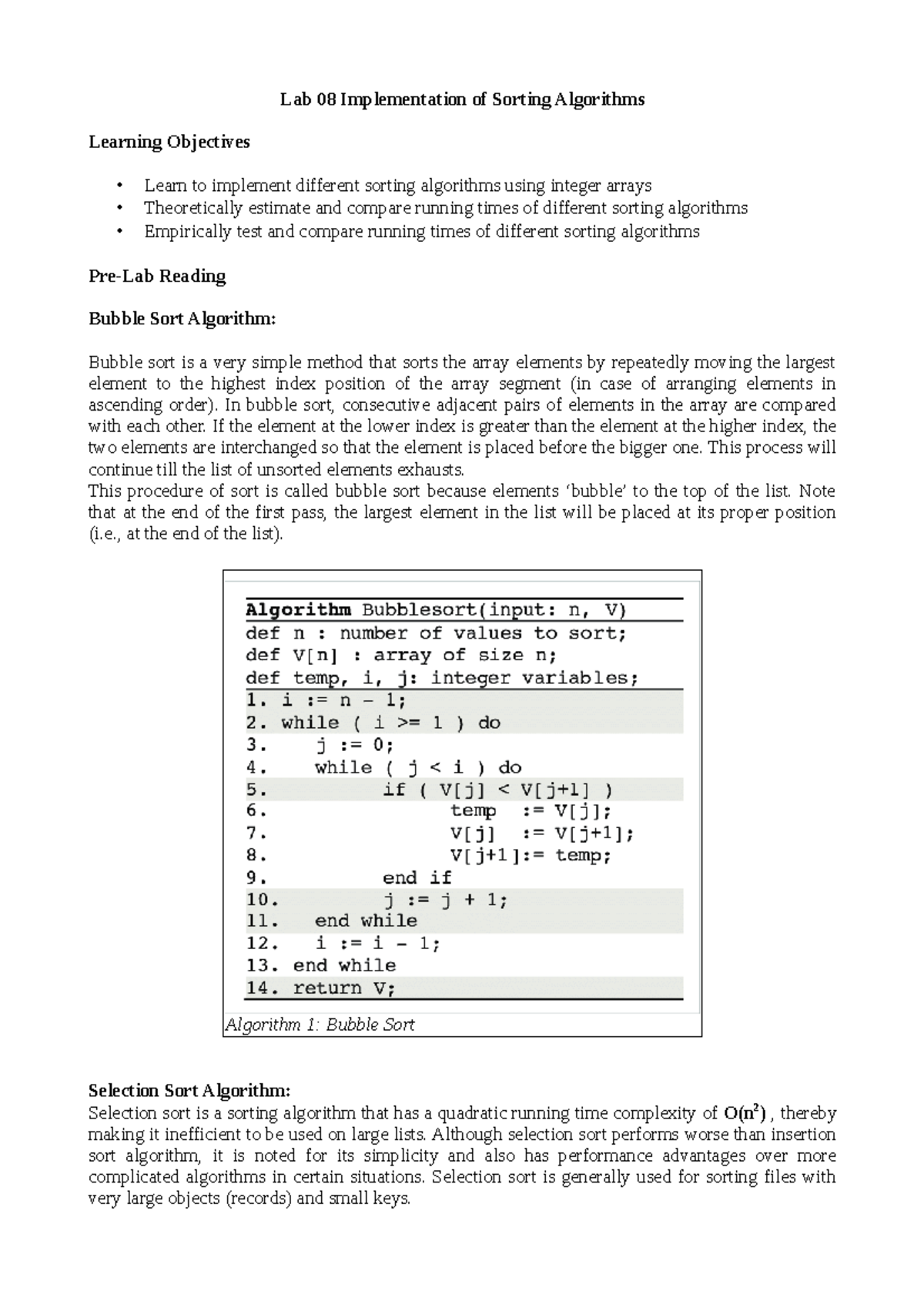 Lab 08 Sorting Algorithms - Lab 08 Implementation of Sorting Algorithms Learning Objectives ...
