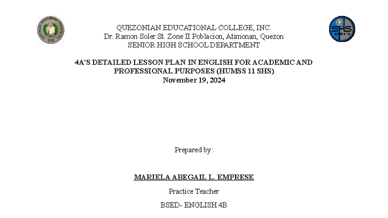 Detailed Lesson Plan in English for Academic Purposes (HUMSS 11 SHS ...