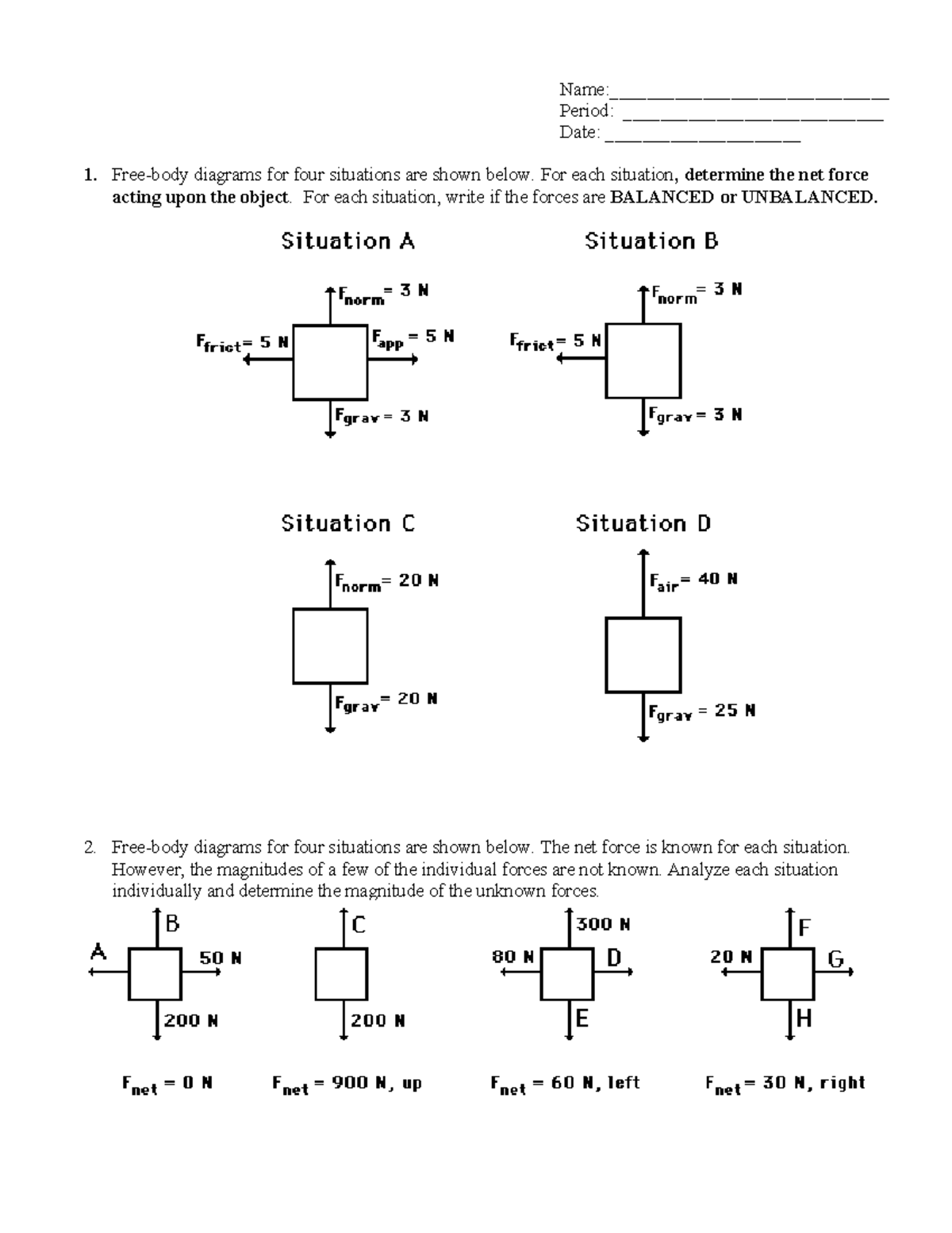 Free Body Diagram Worksheet: Analyzing Forces & Magnitudes - Studocu