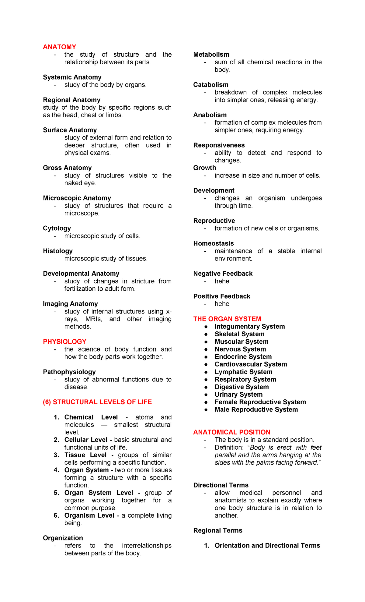 Anatomy and Physiology Overview - ANAT 101 Final Exam Notes - Studocu