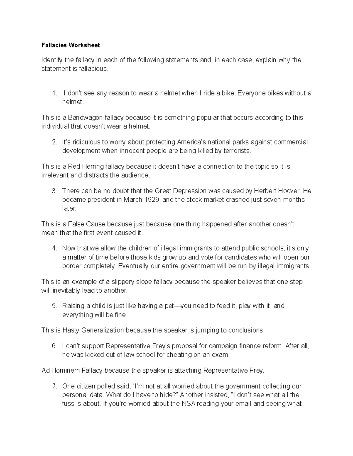 Fallacies Worksheet: Identifying and Analyzing Logical Errors - Studocu