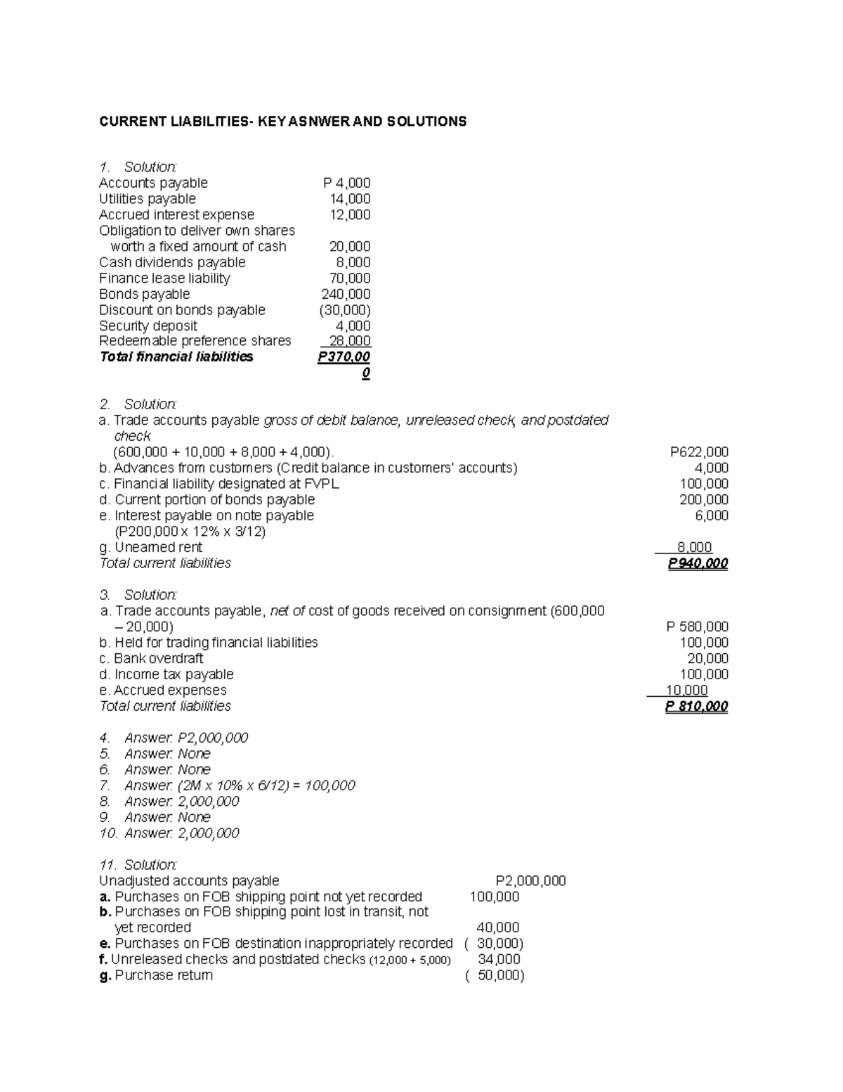 02- Current Liabilities AND Solutions - CURRENT LIABILITIES- KEY ASNWER ...