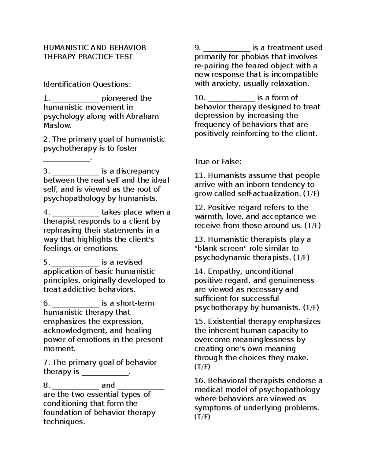 HUMANISTIC & BEHAVIOR THERAPY PRACTICE TEST - KEY CONCEPTS & QUESTIONS ...