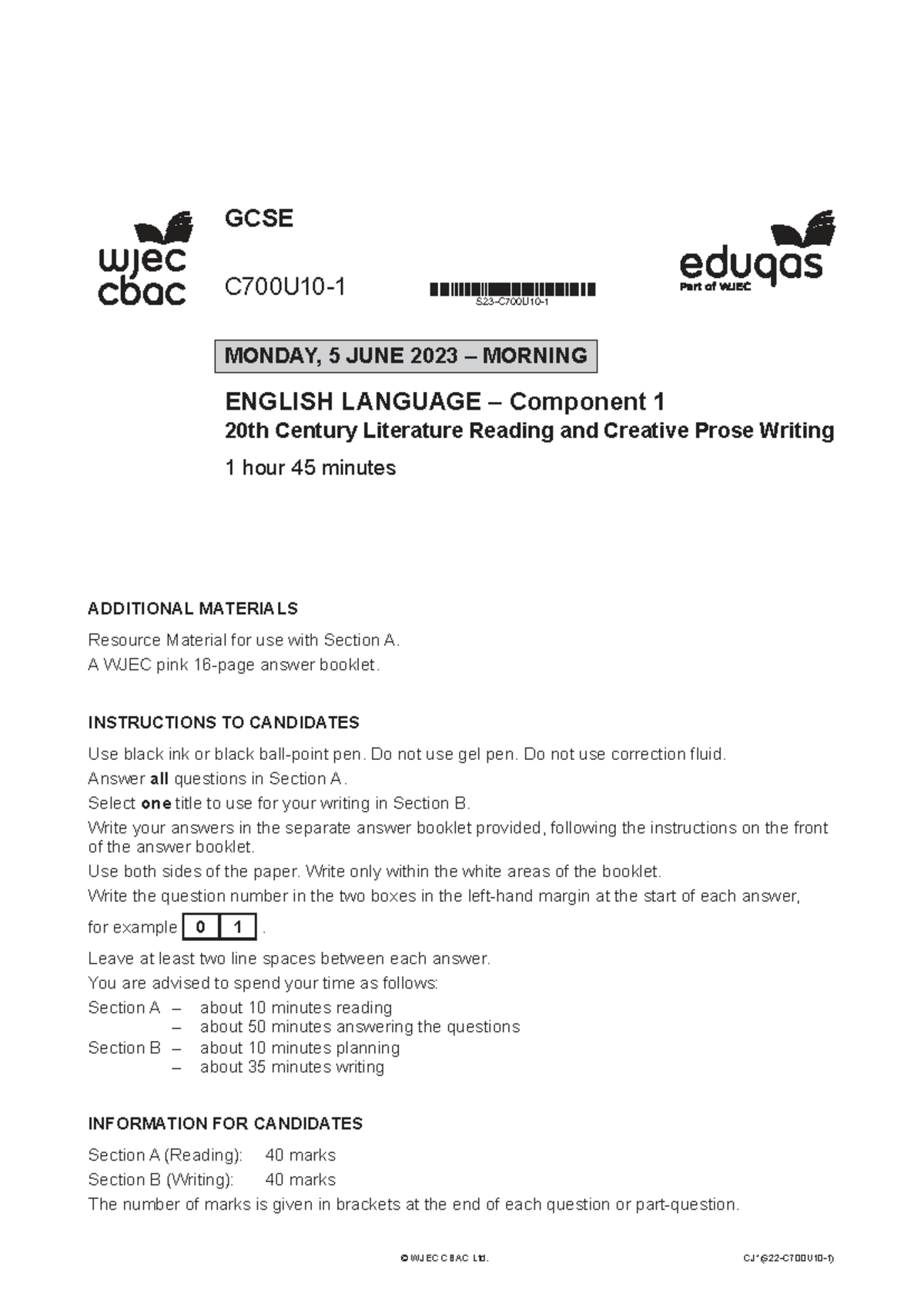 GCSE English Language Component 1: 20th Century Literature Past Paper ...