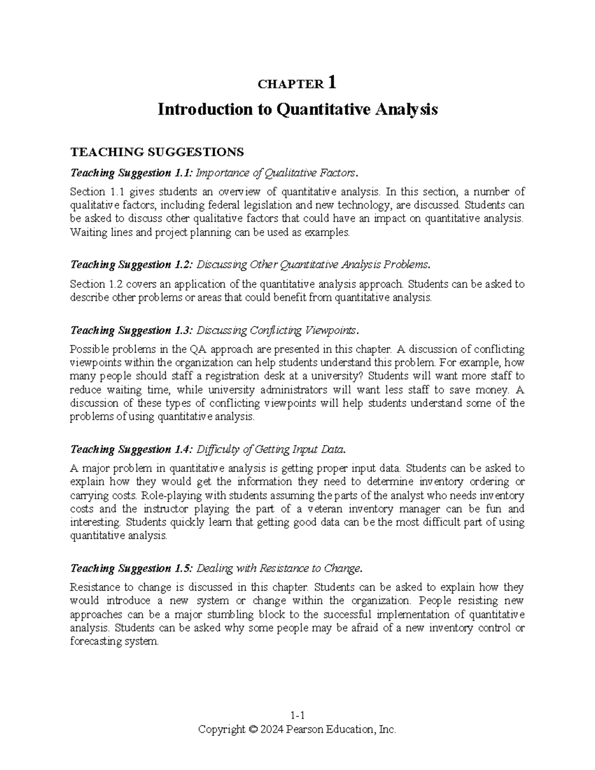CHAPTER 1: Introduction to Quantitative Analysis - Teaching Suggestions - Studocu