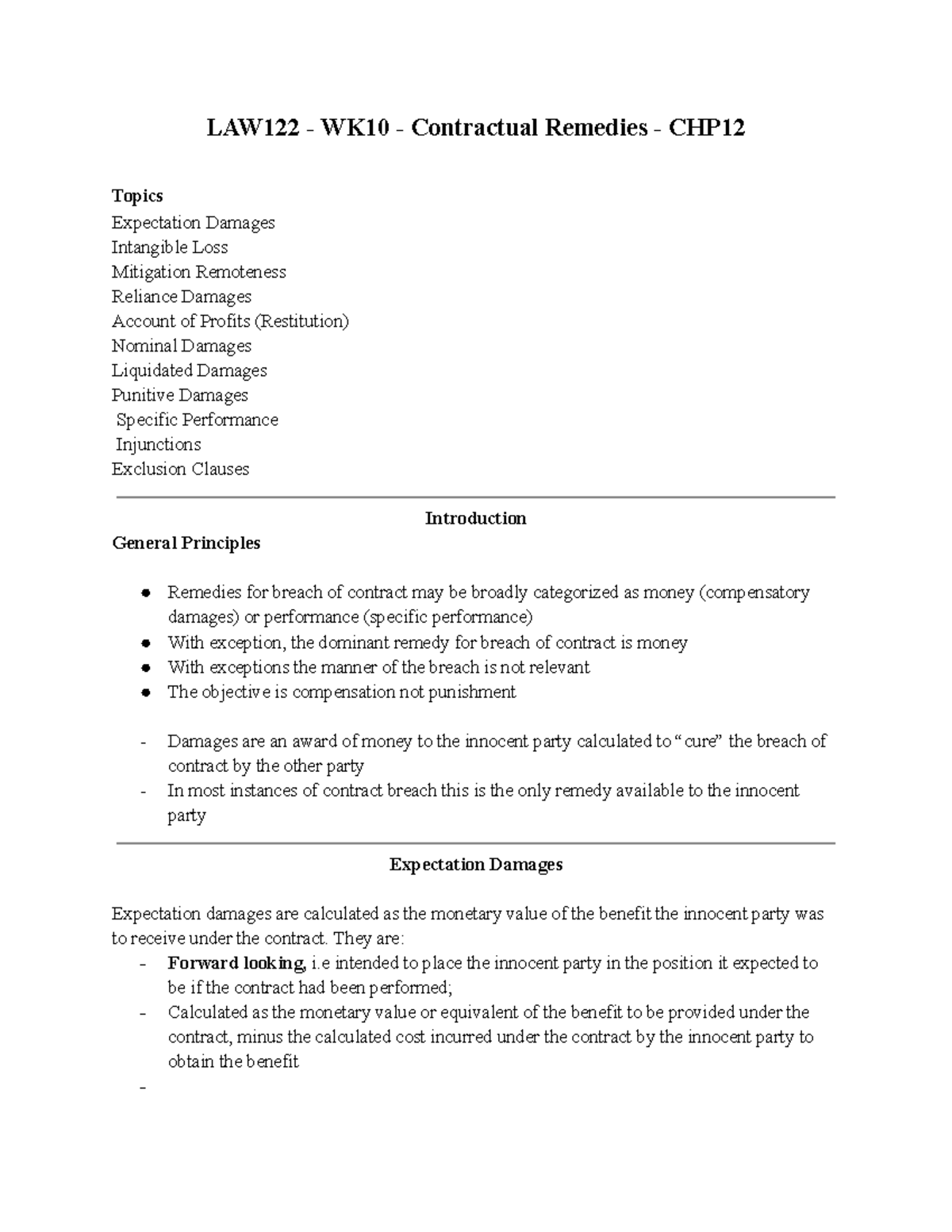 LAW122 WK10 Contractual Remedies Overview: Expectation & Reliance ...