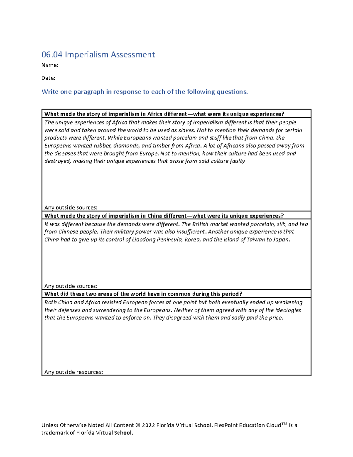 06.04 Imperialism Assessment: Unique Experiences in Africa & China ...