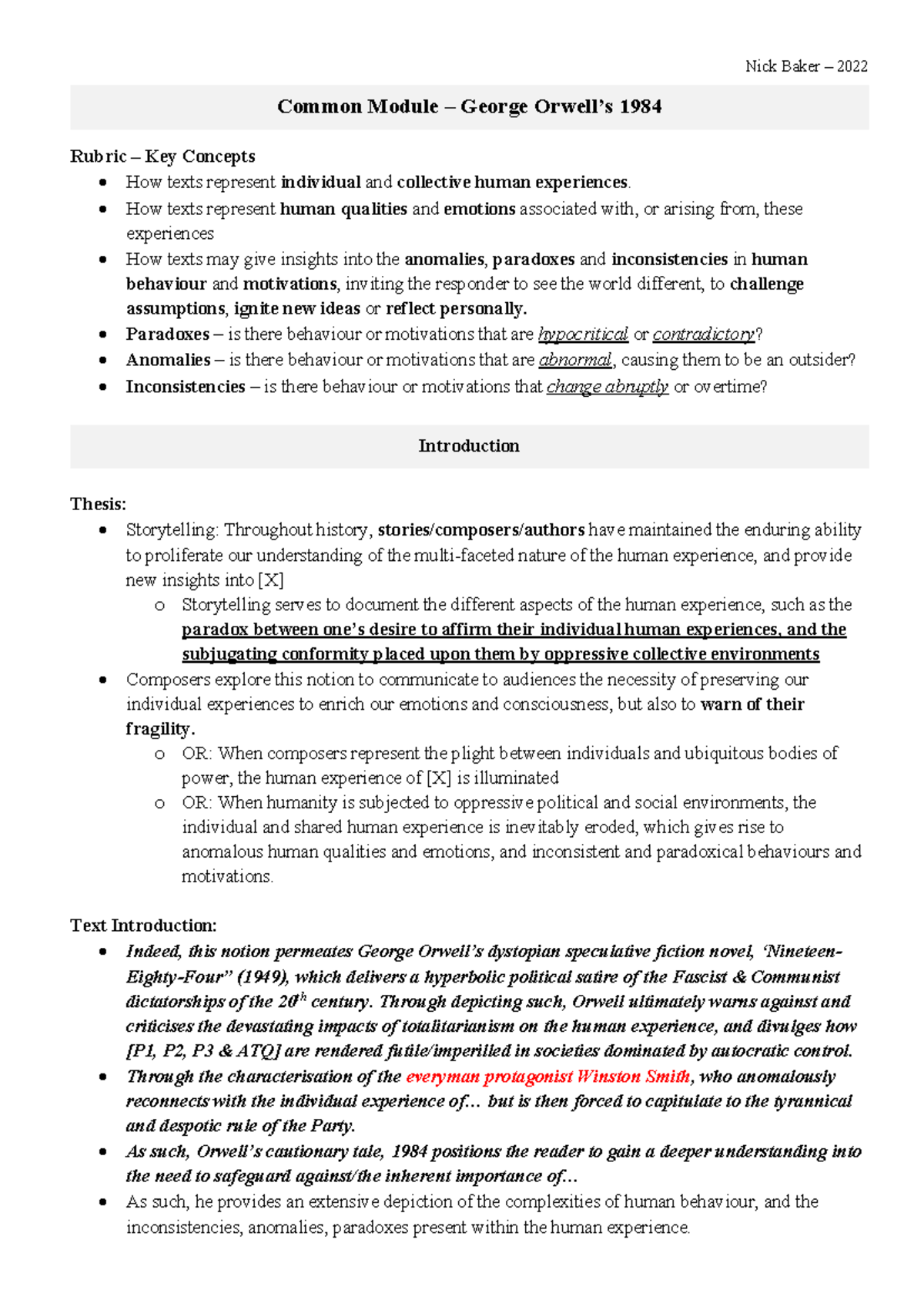 Notes - Common Module – George Orwell’s 1984 Rubric – Key Concepts ...