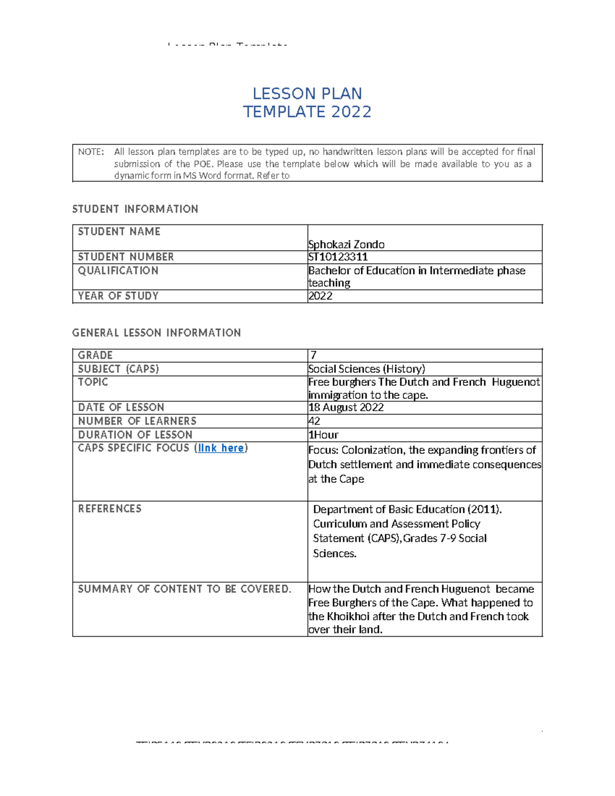 Grade 7 Lesson Plan: Free Burghers & Huguenots in History (2022) - Studocu