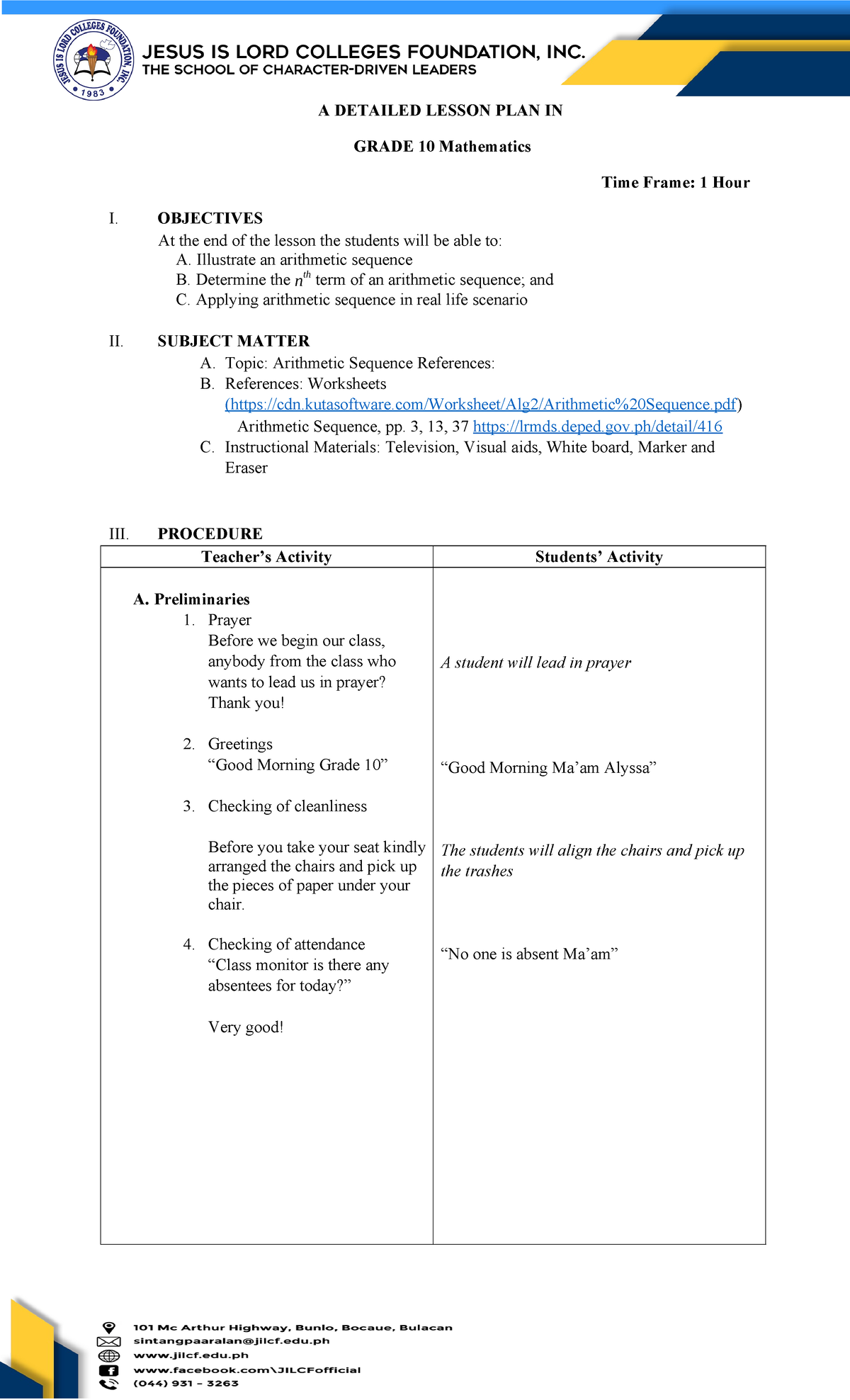 Grade 10 Math Lesson Plan: Understanding Arithmetic Sequences - Studocu