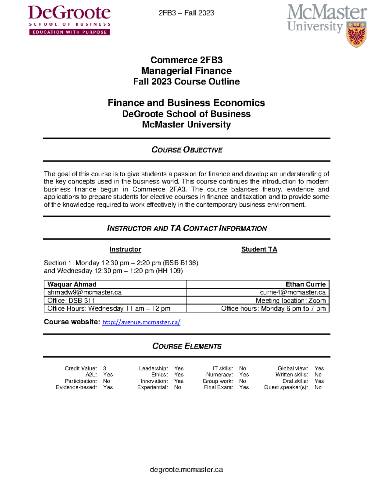 Commerce 2FB3: Managerial Finance Fall 2023 Syllabus Overview - Studocu