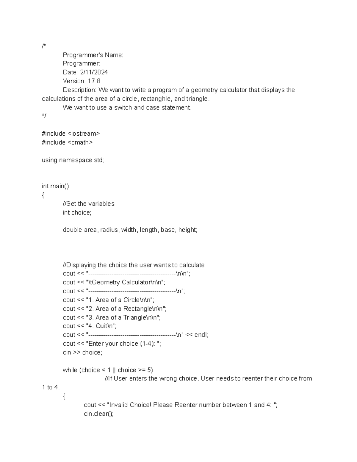 WK#4HW - Geometry Calculator Program Implementation - Studocu