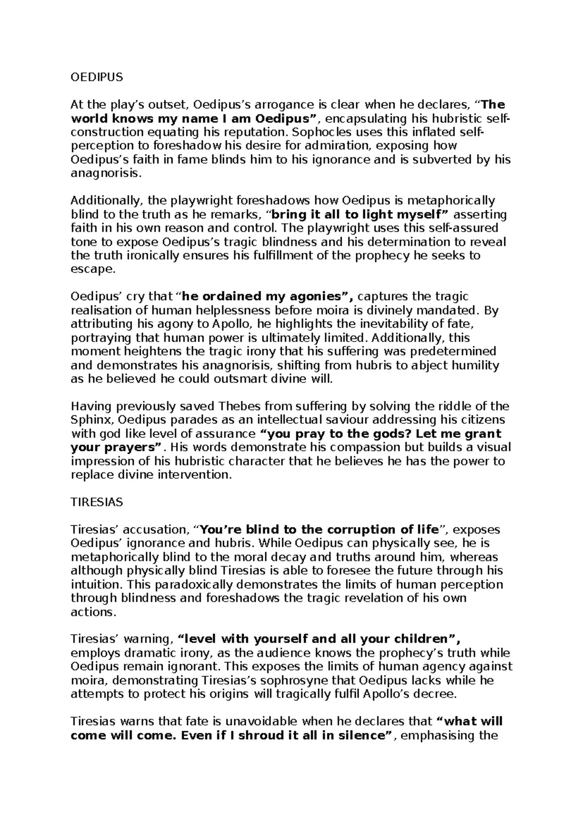 OEDIPUS: Analyzing Hubris and Fate in Sophocles' Tragedy - Studocu