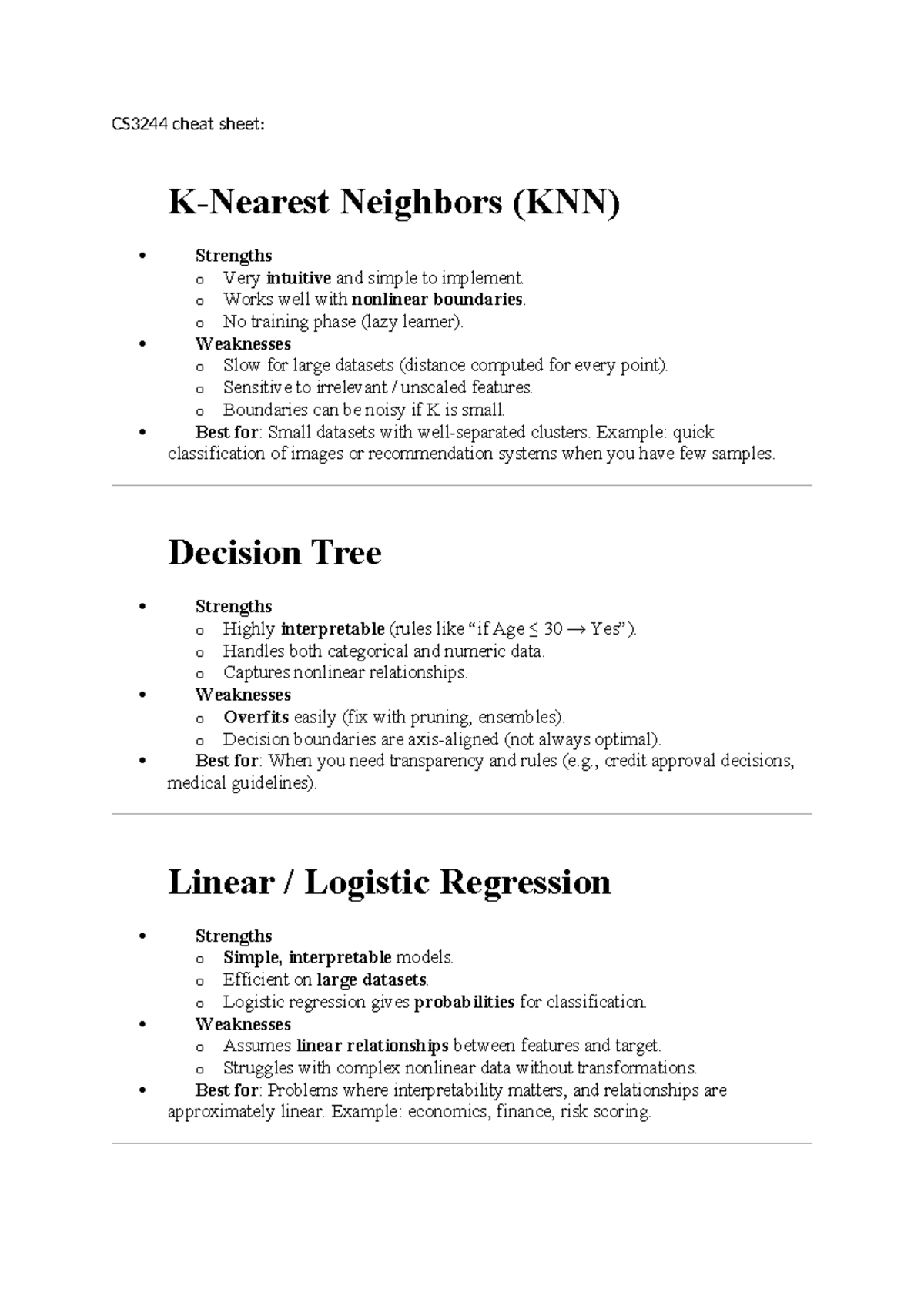 CS3244 Cheat Sheet: KNN, Decision Trees, and SVM Overview - Studocu