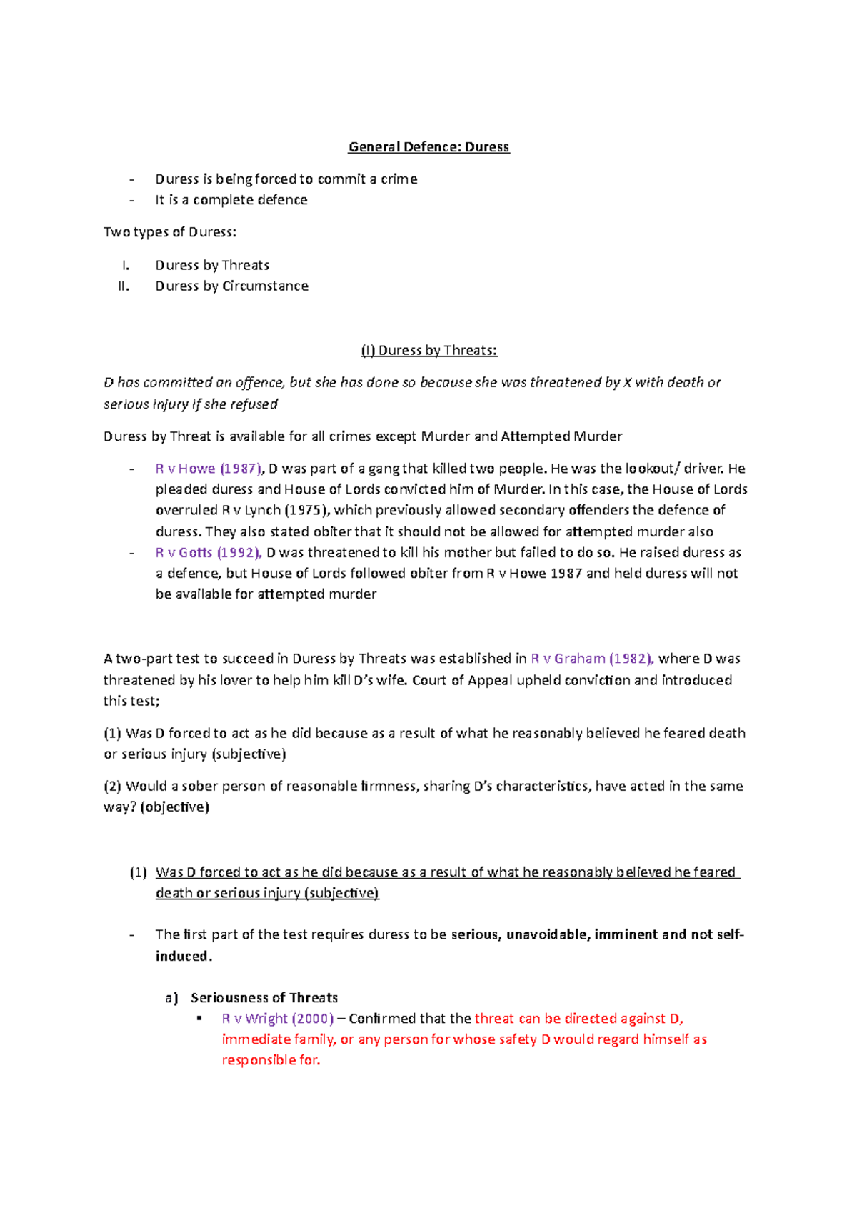 Duress Defence Overview: Key Cases & Legal Principles - Studocu