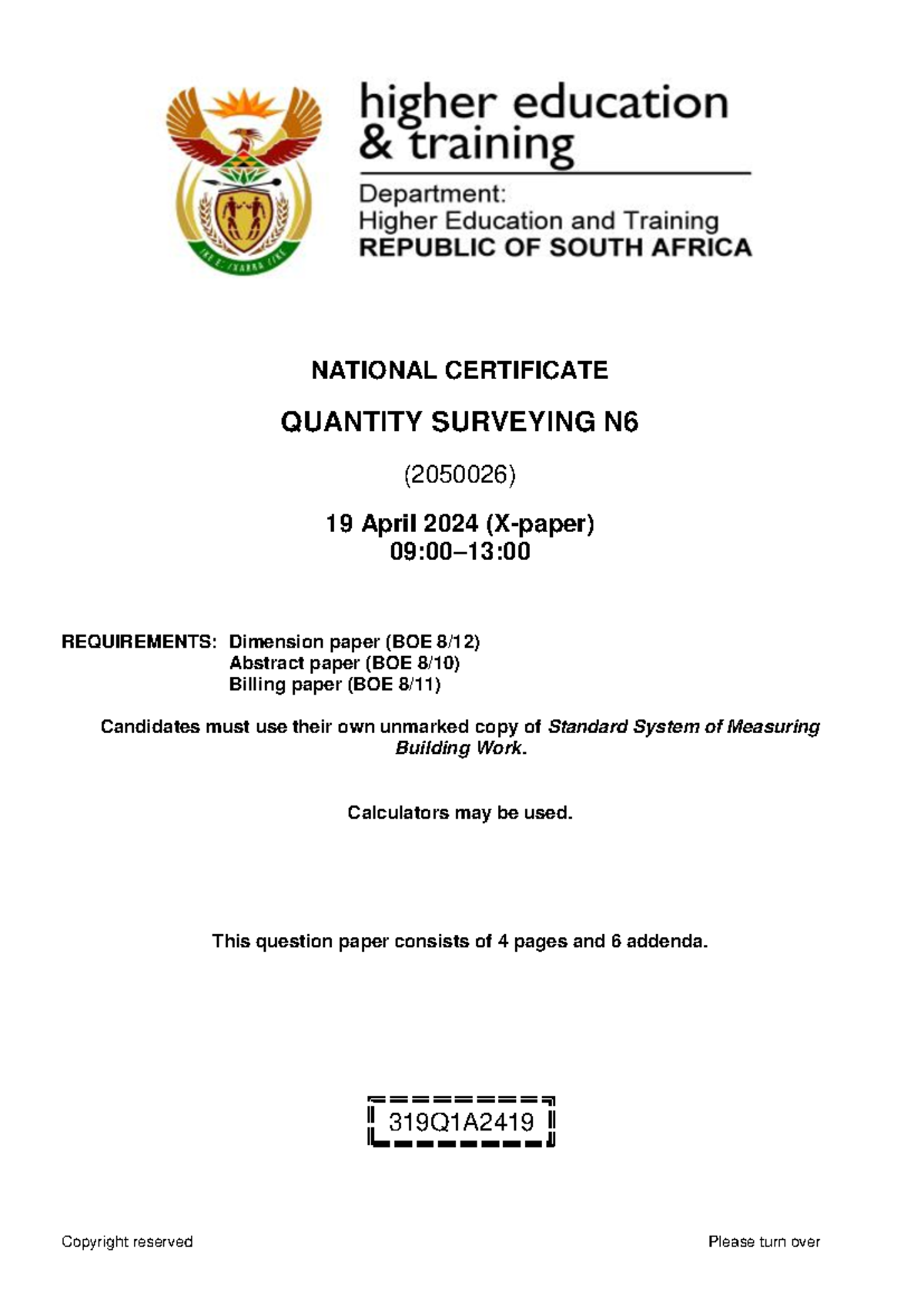 2024 T1460 Quantity Surveying N6 April Exam Question Paper - Studocu