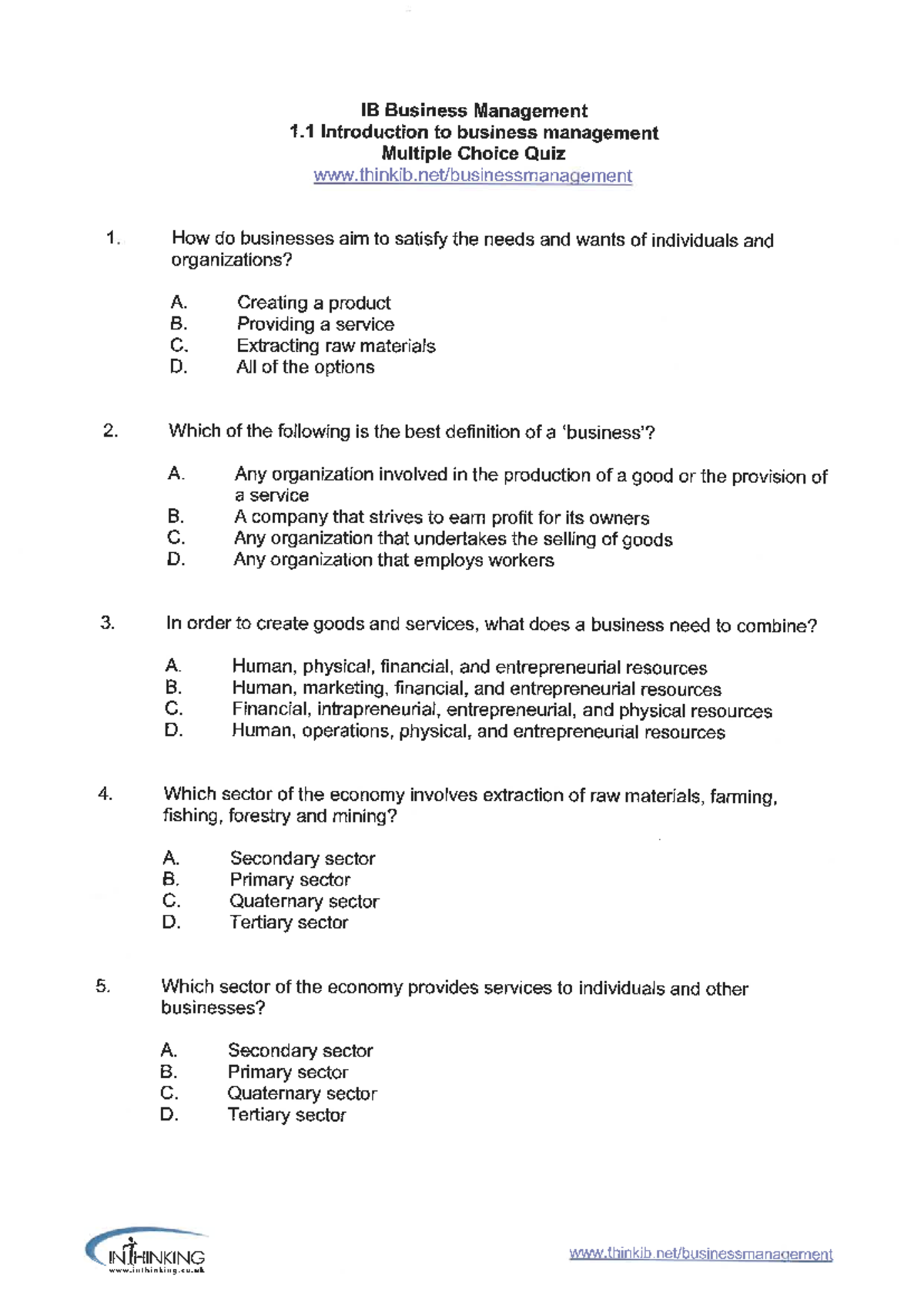 IB Business Management 1.1 Multiple Choice Quiz - Unit 1 Assessment ...