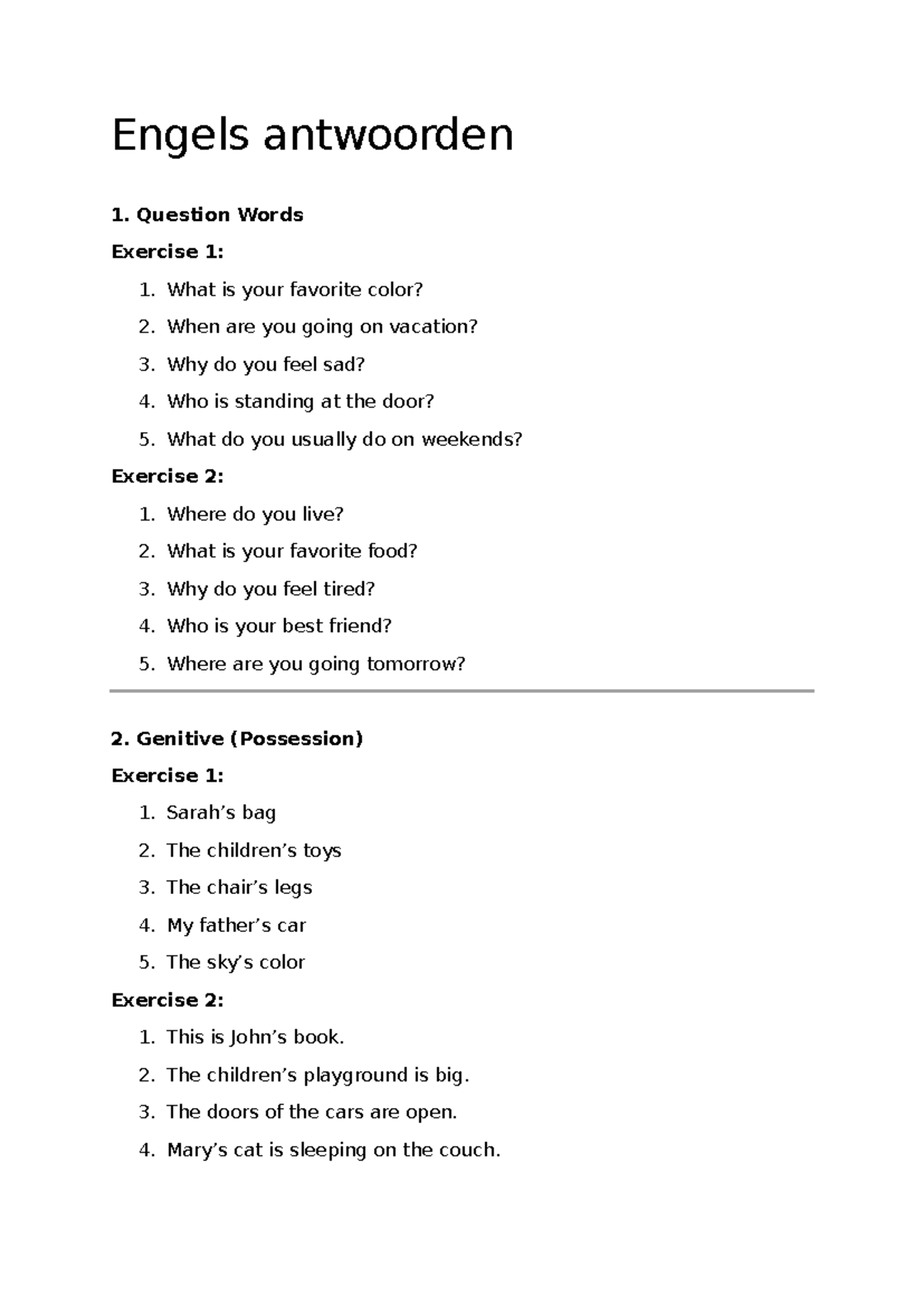 Engels oplossing oef - Engels antwoorden Question Words Exercise 1 ...