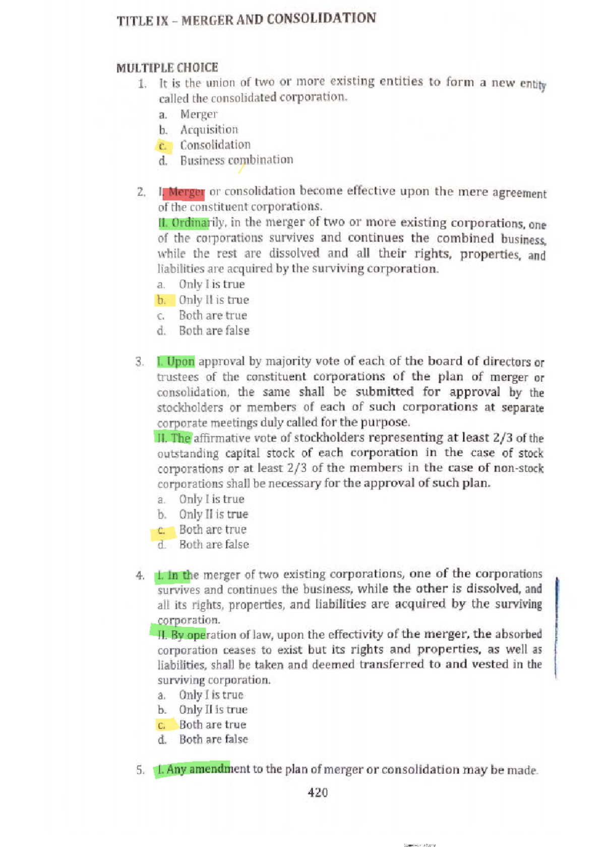 TITLE IX MERGER AND CONSOLIDATION MCQs - Law 201 - Studocu