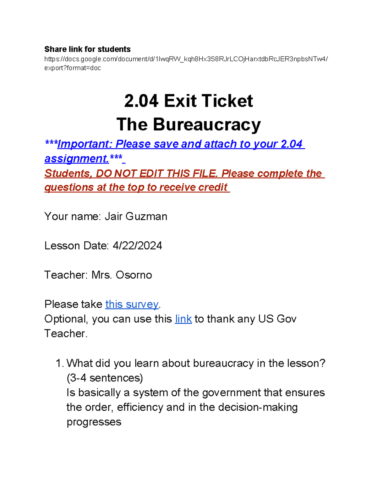 2.04 Exit Ticket: Understanding Bureaucracy in US Government - Studocu