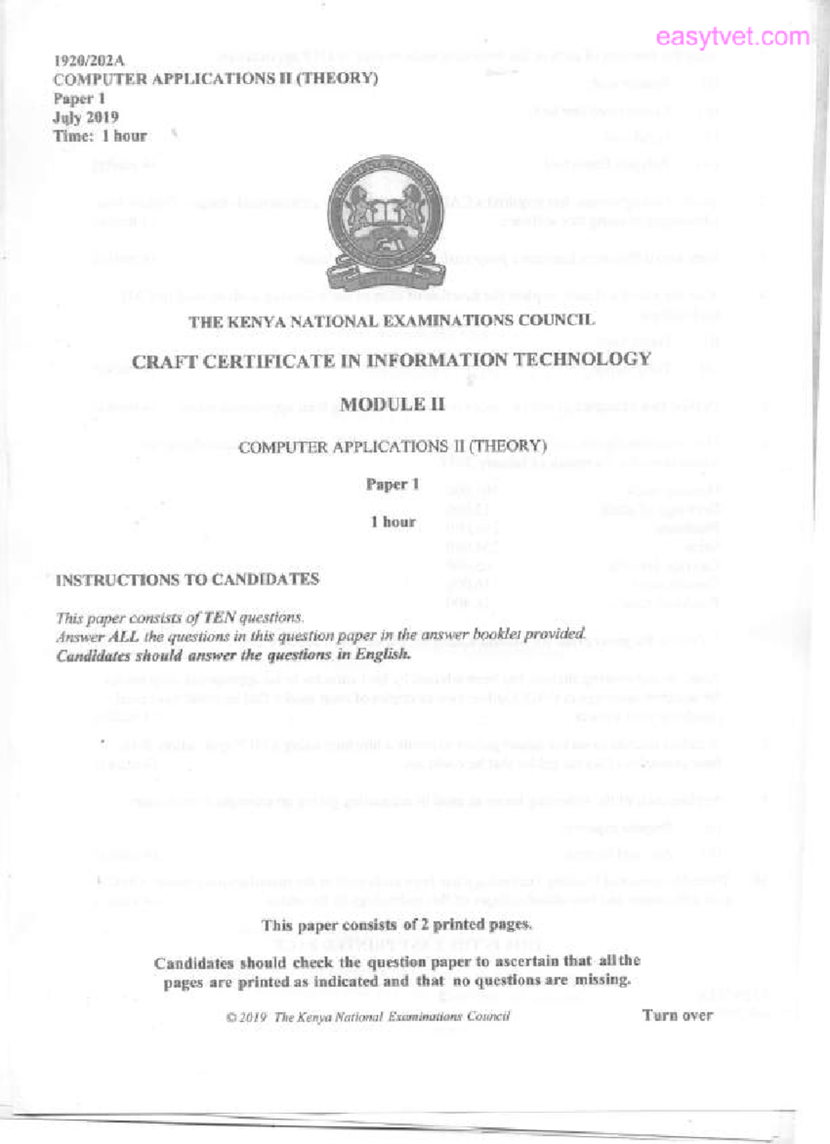 COMPUTER APPLICATIONS II (THEORY) Paper 1 Revision July 2019 - Studocu