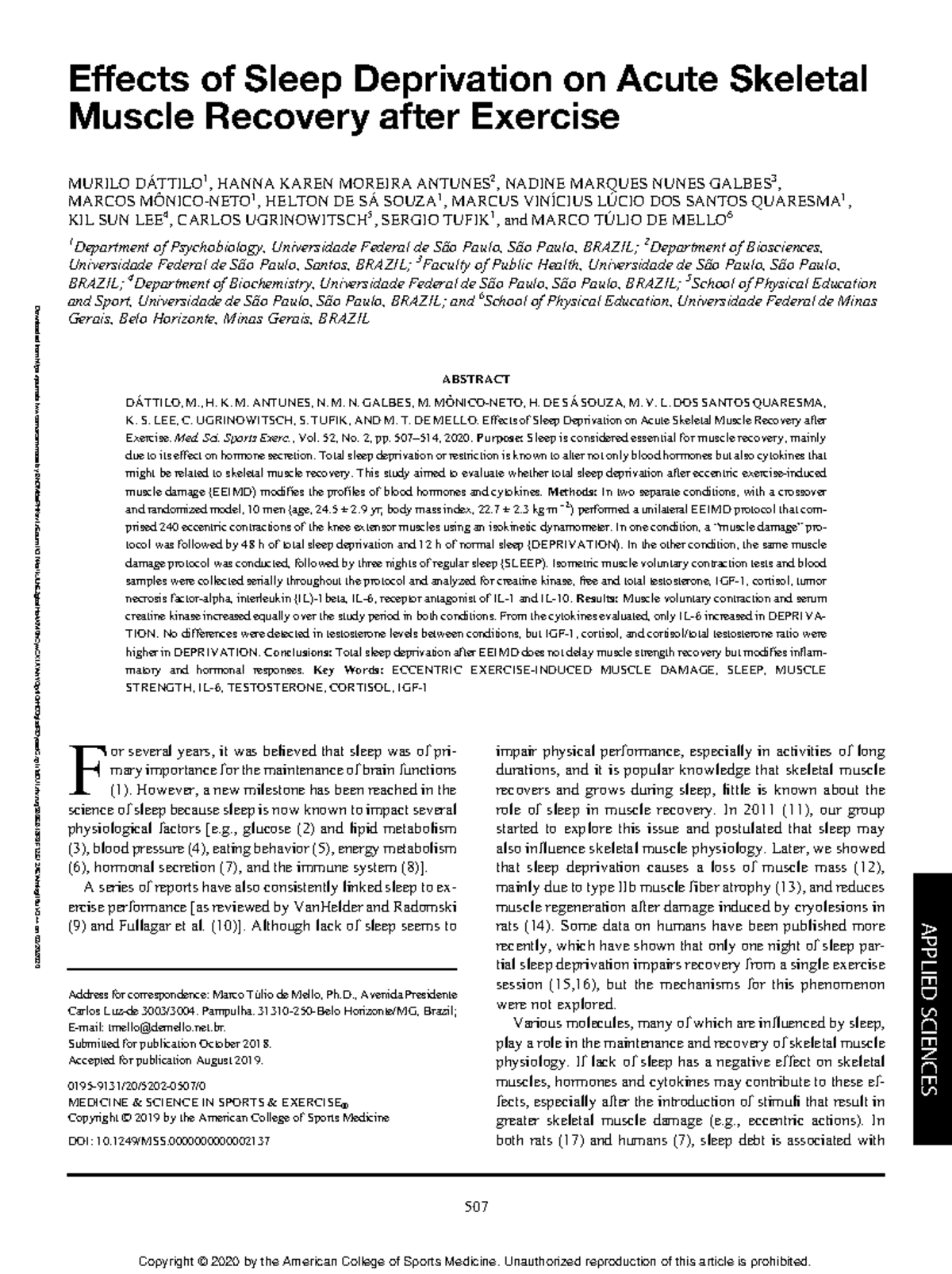 Effects of Sleep Deprivation on Muscle Recovery Post-Exercise (MUSC 101 ...
