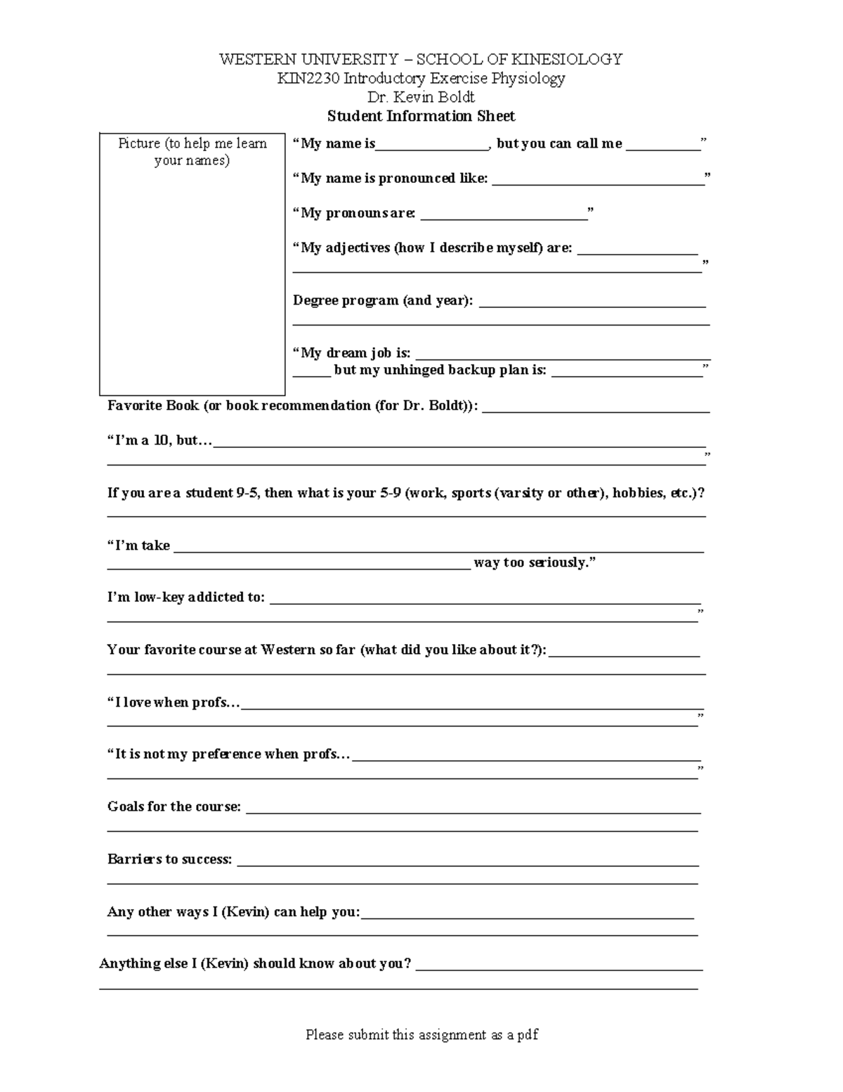 KIN2230 Introductory Exercise Physiology: Student Info Sheet - Studocu