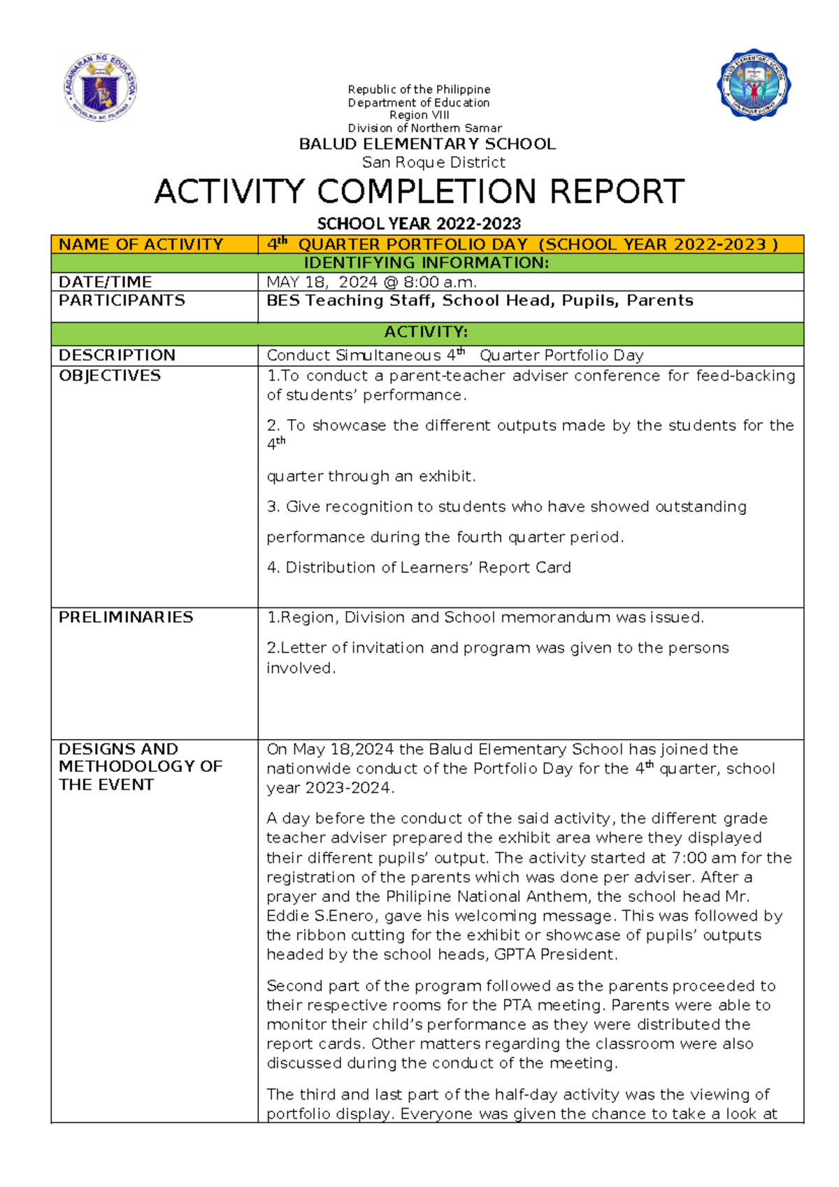 4th Quarter Portfolio Day Report - SY 2023-2024 Activities Overview ...