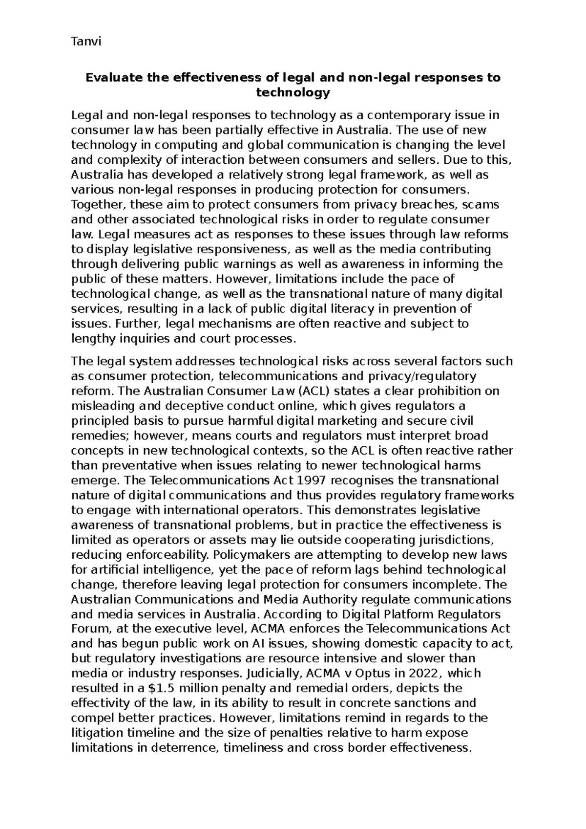 Legal Responses to Technology in Consumer Law: An Evaluation (LAW 101 ...