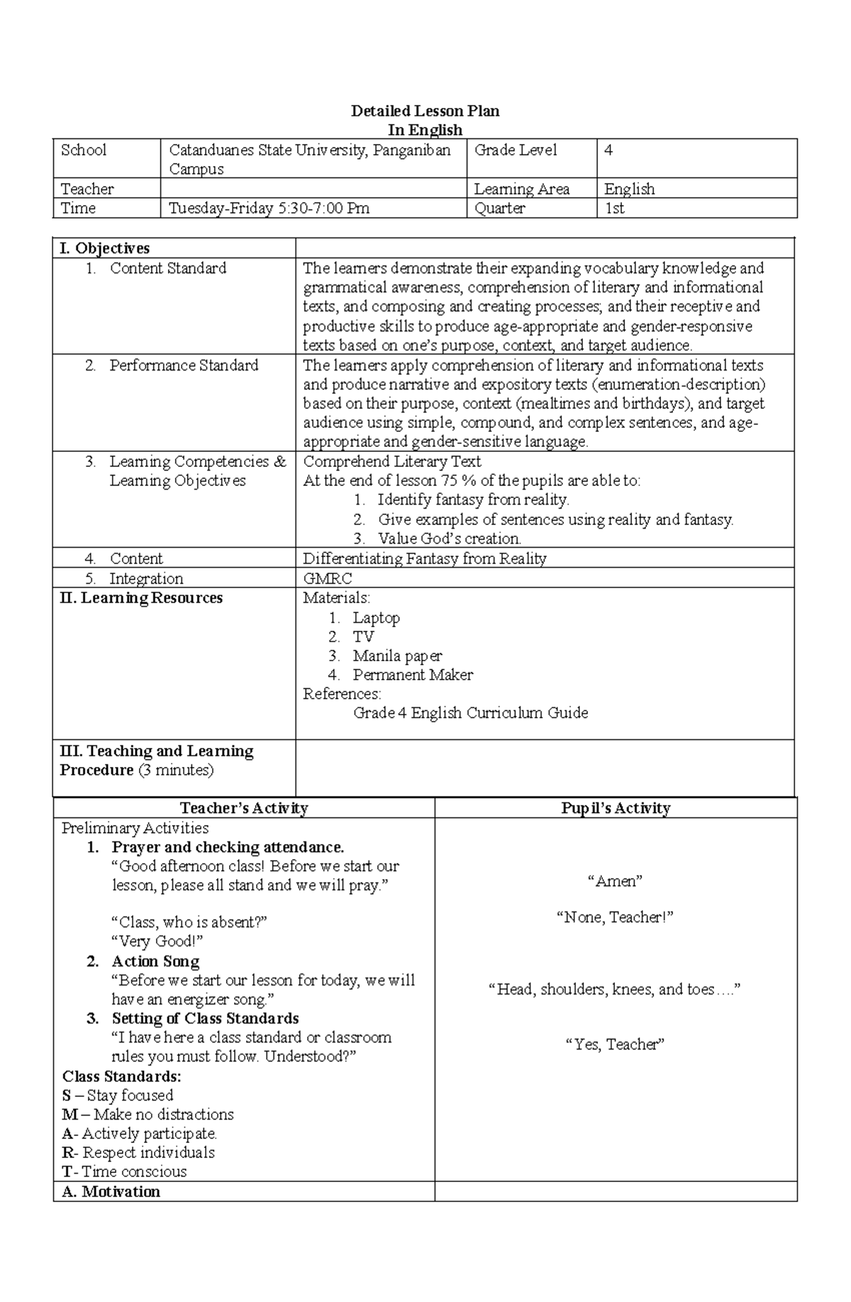 DLP English Grade 4 Detailed Lesson Plan: Fantasy vs. Reality - Studocu