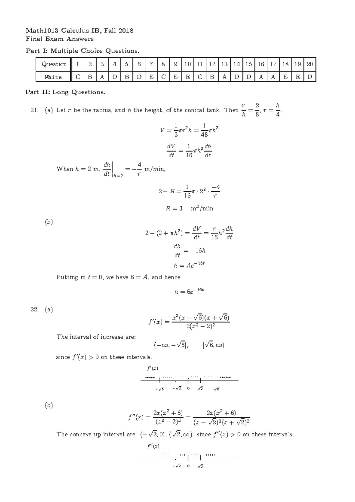 Math1013 final fall 2018 ans - Math1013 Calculus IB, Fall 2018 Final ...