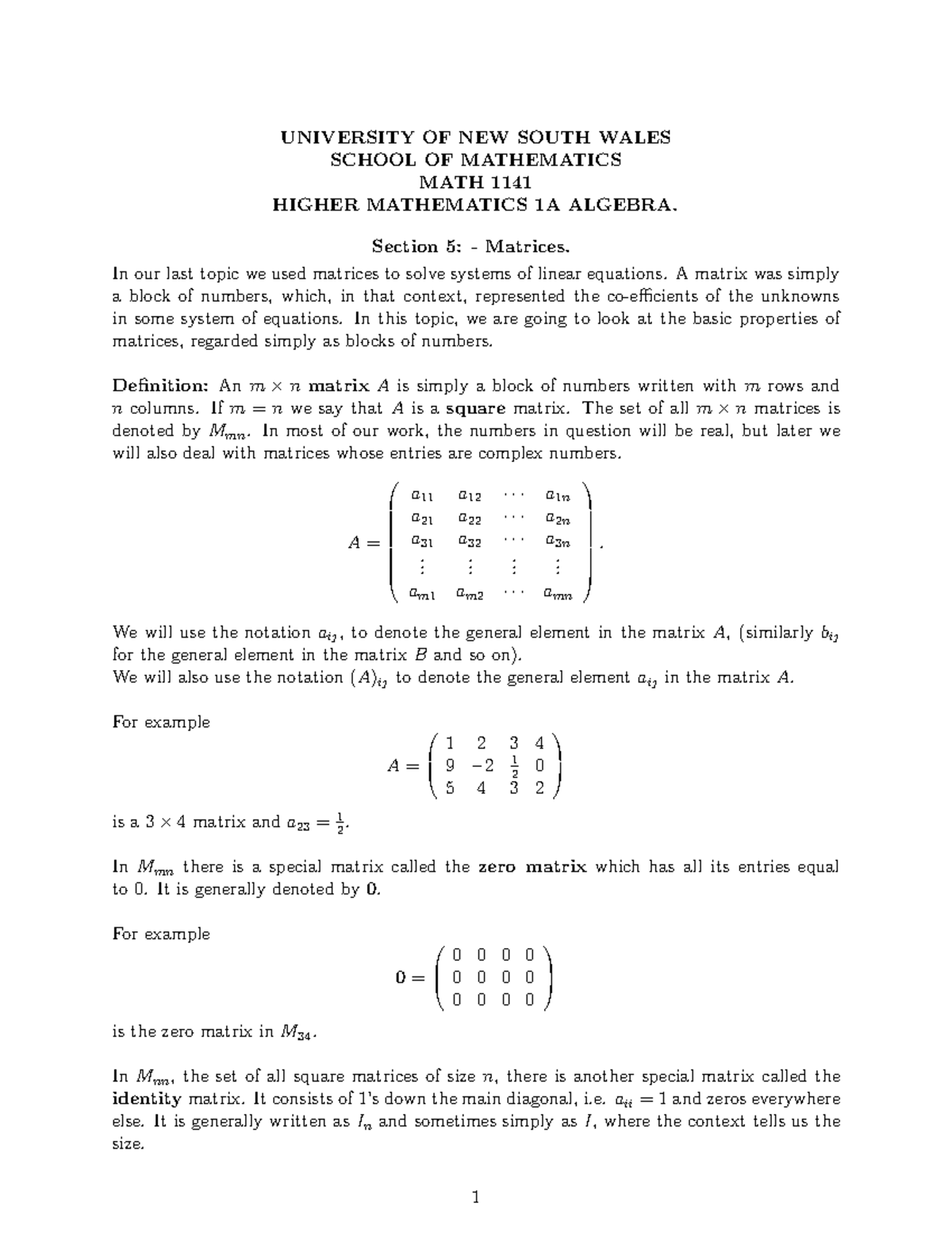 MATH 1141 Higher Mathematics 1A: Section 5 - Matrices Notes - Studocu