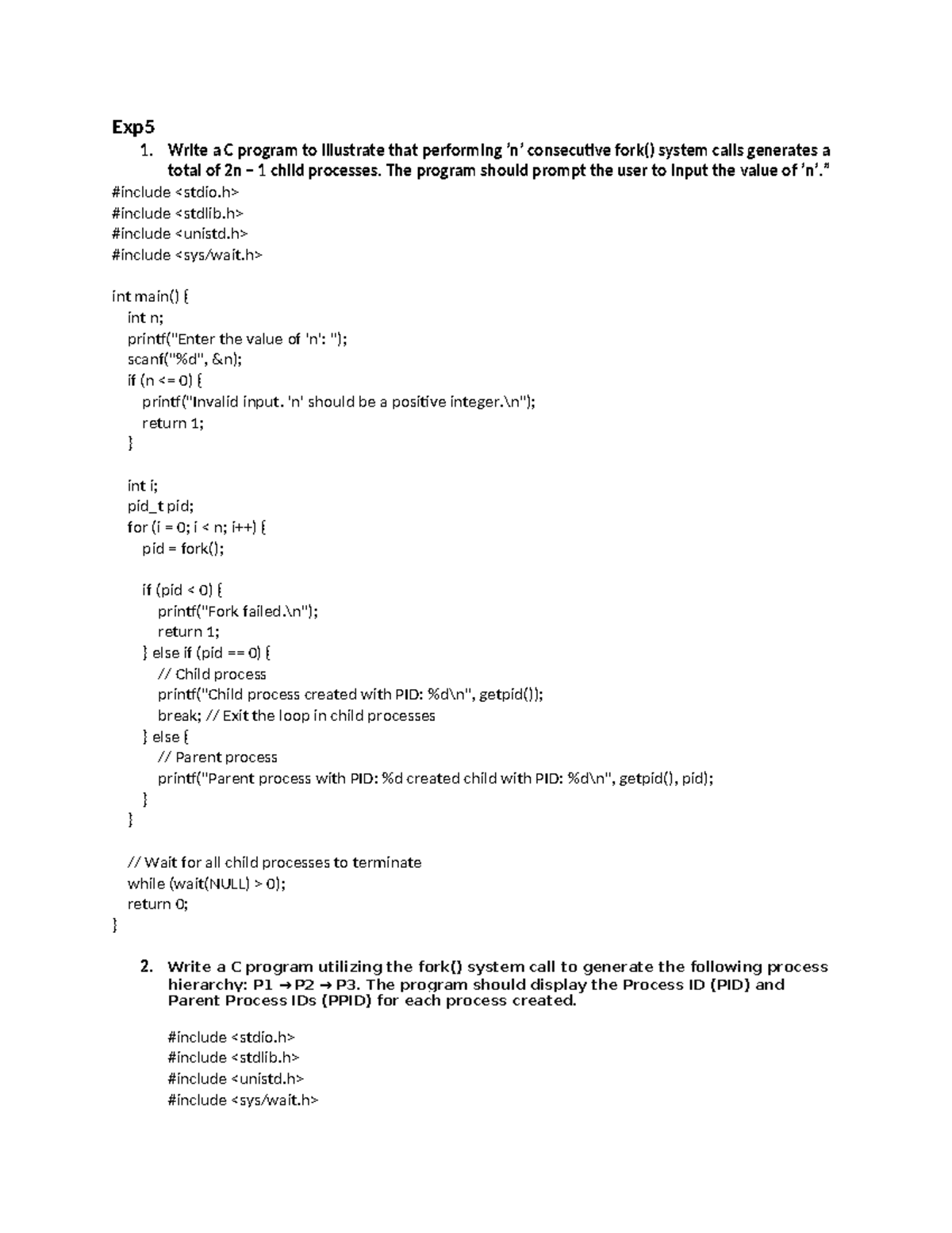 Exp5 - C Programs for Fork System Calls and Process Hierarchy Generation - Studocu