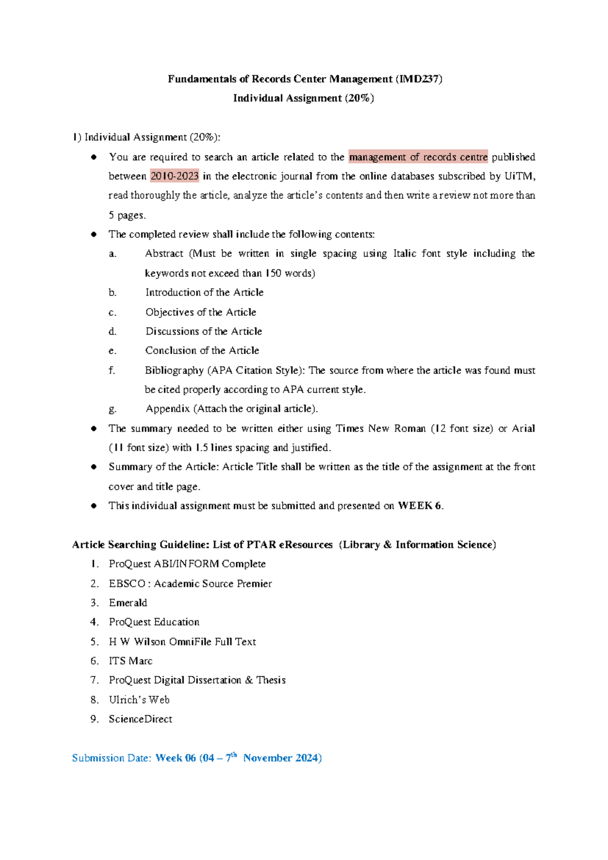 IMD237 Individual Assignment: Review of Records Center Management ...
