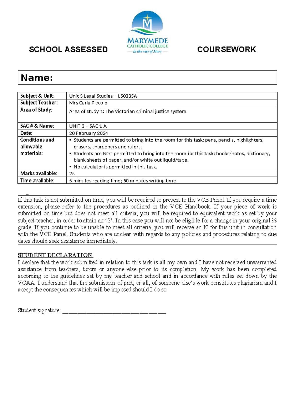 VCE SAC - Legal Studies Unit 3 AOS 1: Criminal Justice System - Studocu