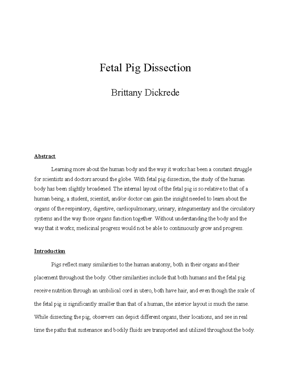 Fetal Pig Dissection Lab Report: Insights into Human Anatomy - Studocu