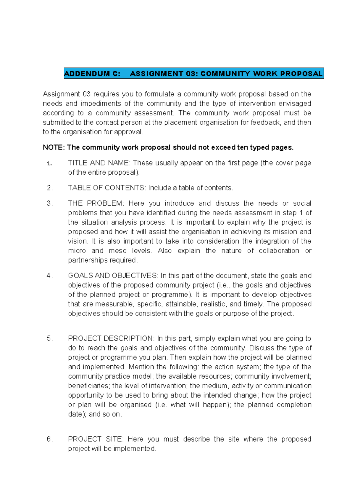 Community Work Proposal: Assignment 03 BSW 4805 2024 - Studocu