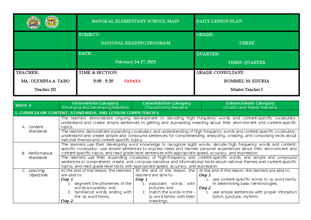 Daily Lesson Plan: National Reading Program (Q4) for Grade 3 - Studocu