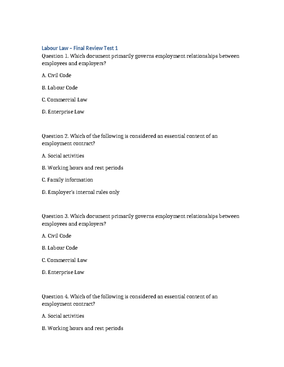 Labour Law Final Review Test 1: Key Employment Concepts - Studocu