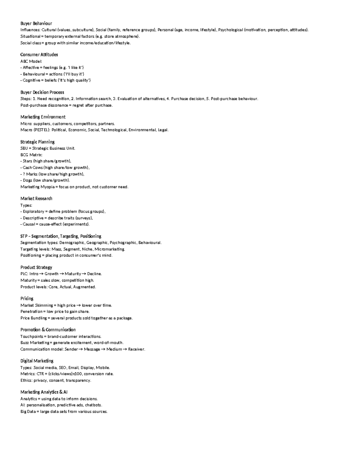 MKTG1601 Cheat Sheet: Buyer Behaviour & Marketing Strategies - Studocu