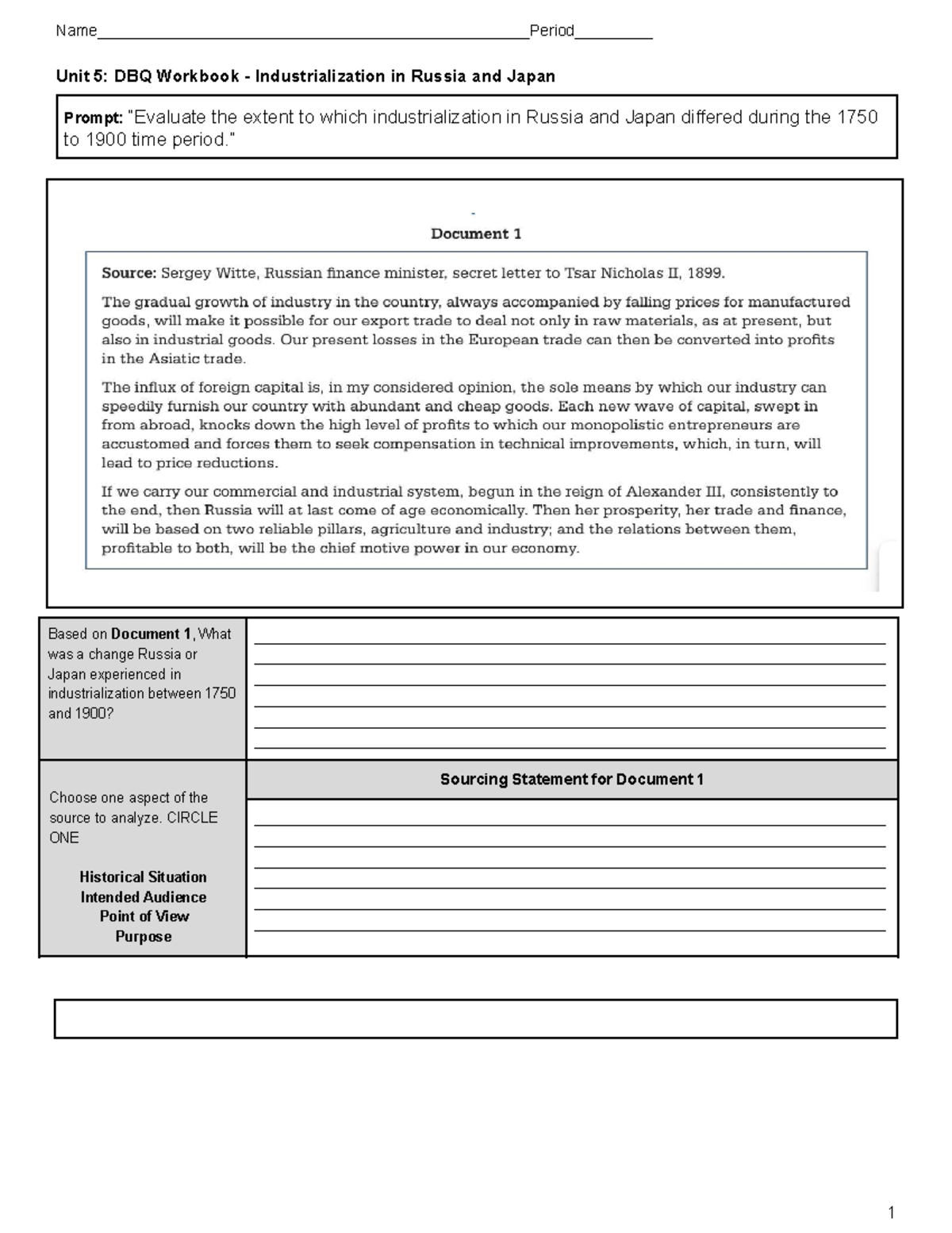 Unit 5: DBQ Workbook on Industrialization in Russia & Japan (1750-1900 ...