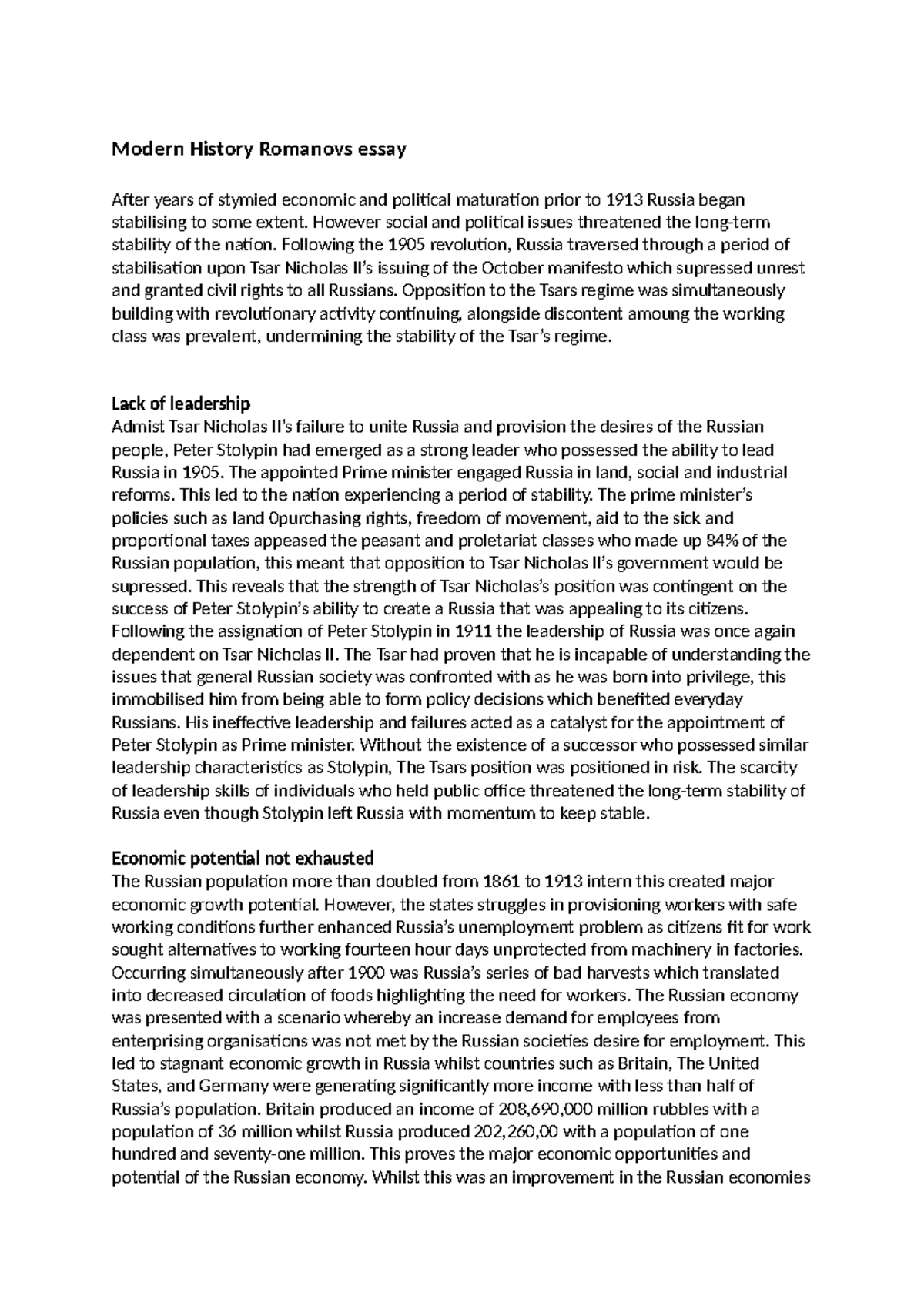 Modern History: The Romanovs and Russia's Turbulent Stability Essay ...